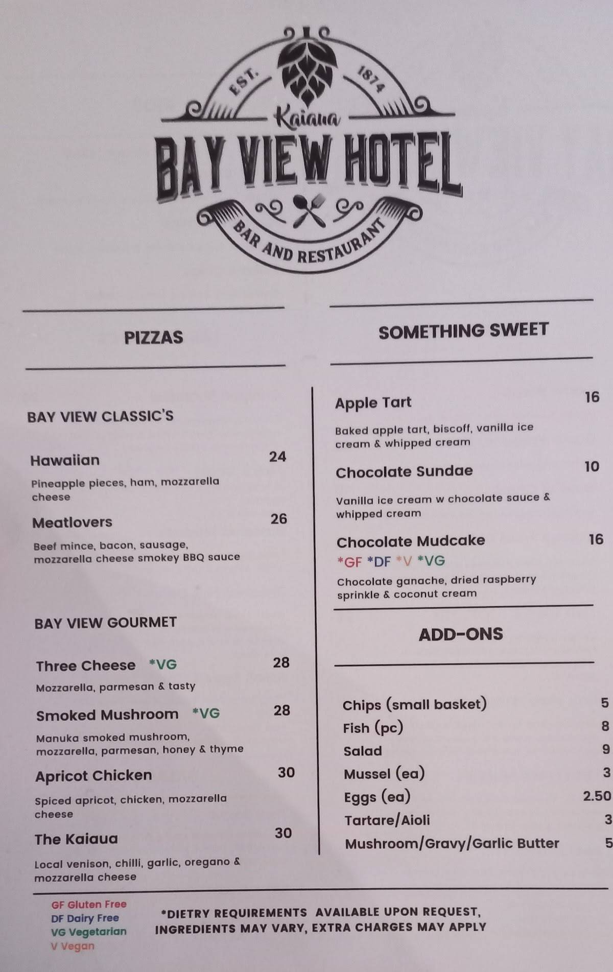 Menu at Bay View Hotel pub & bar, Kaiaua