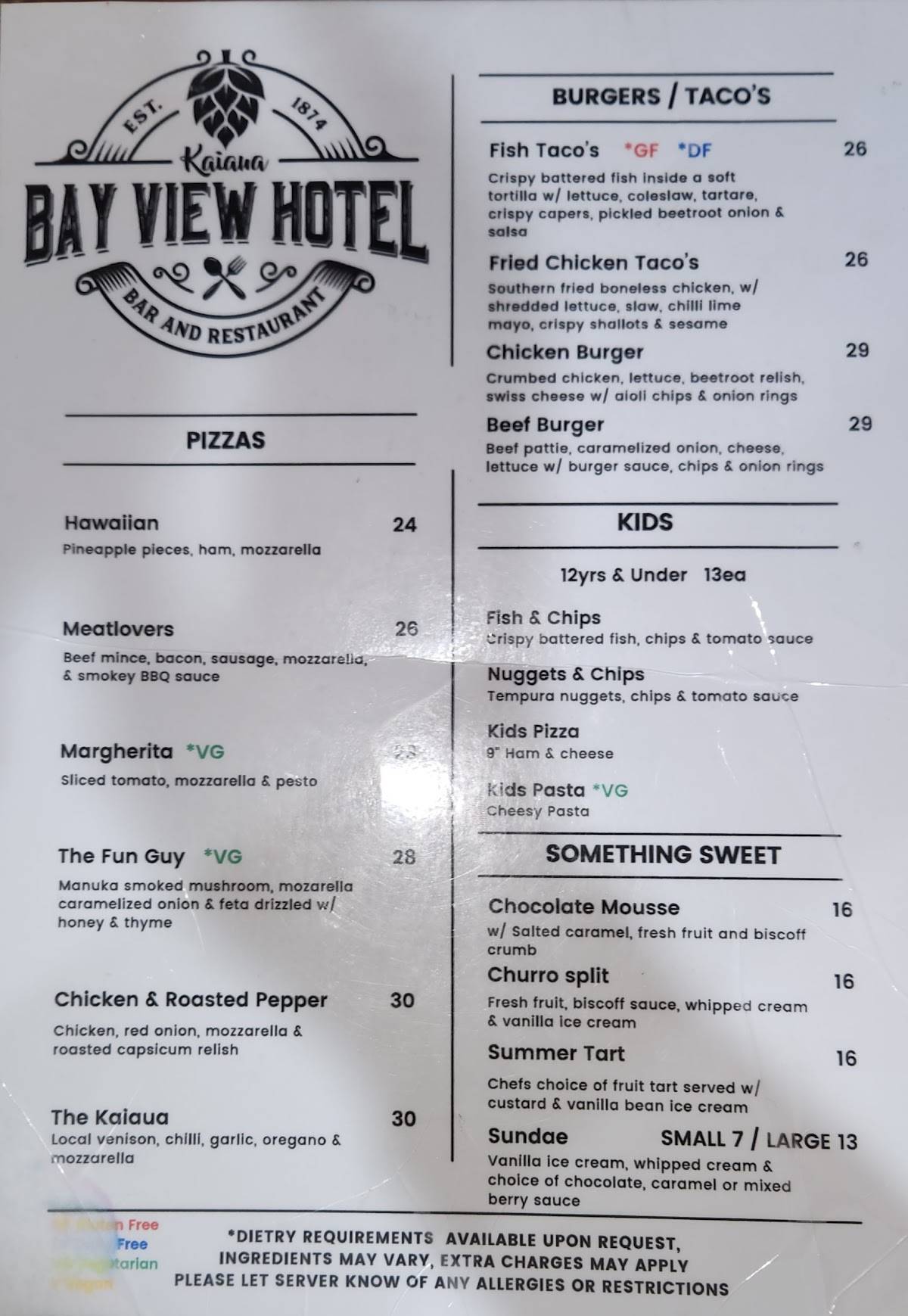 Menu at Bay View Hotel pub & bar, Kaiaua