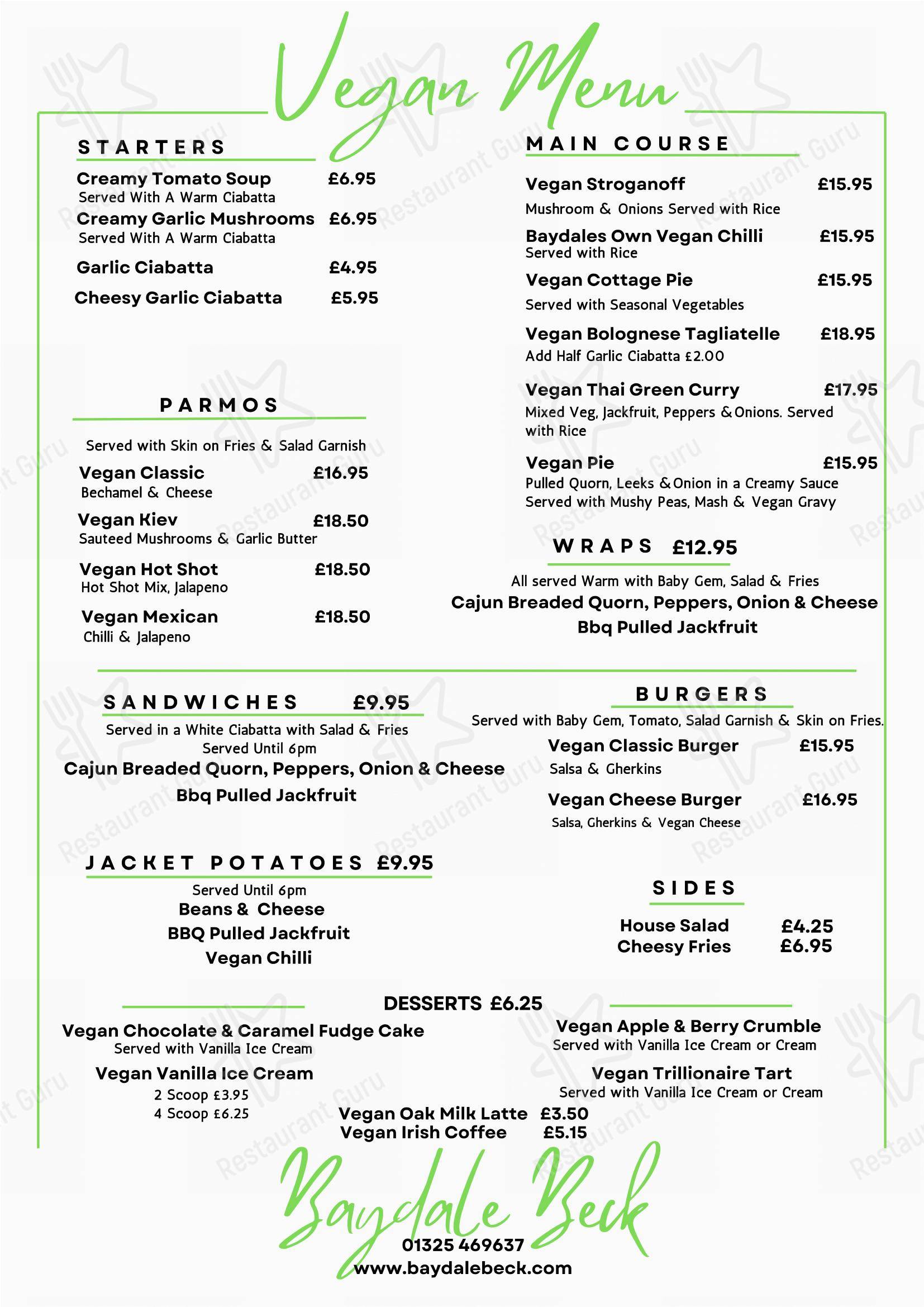 Menu at Baydale Beck Inn pub & bar, Darlington