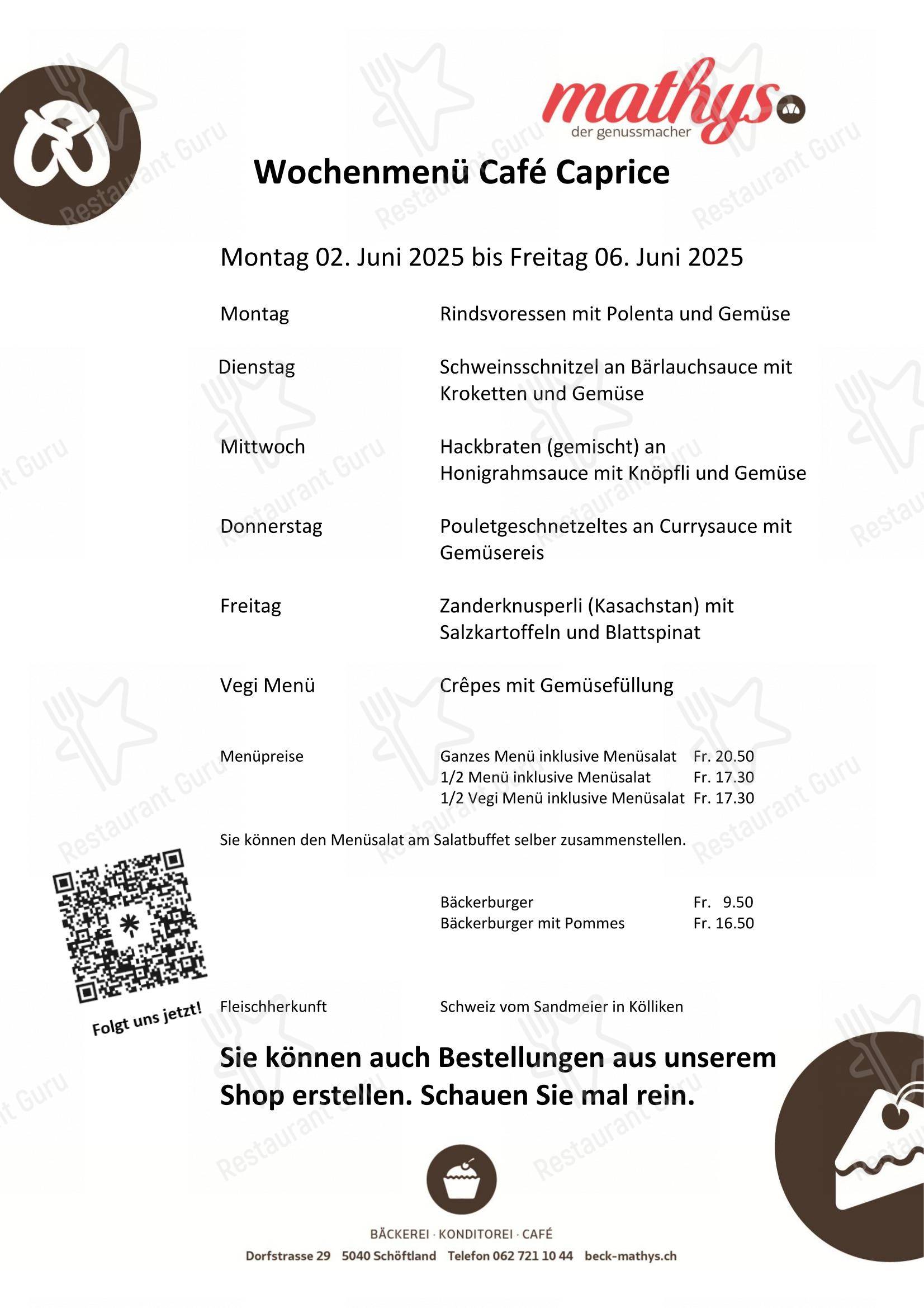 Menu da Beck-Mathys Café Caprice, Schöftland, Dorfstrasse 29