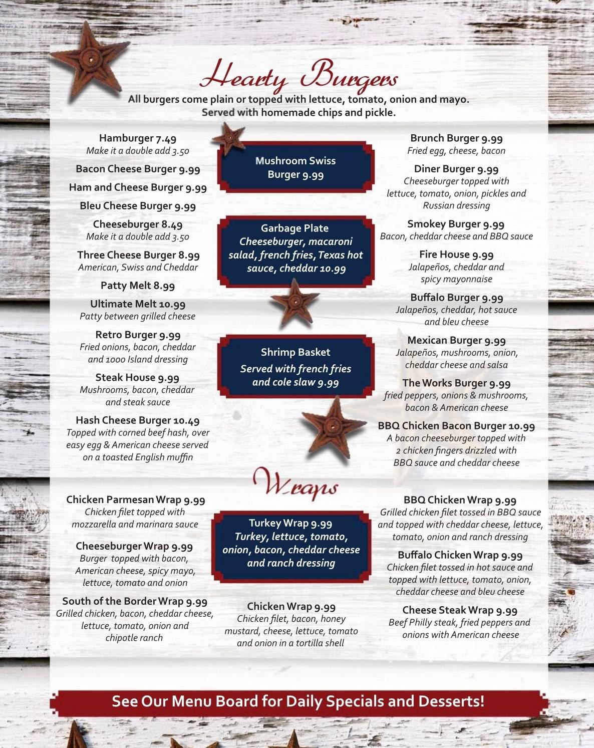 Menu at Becky's Diner restaurant, Waverly