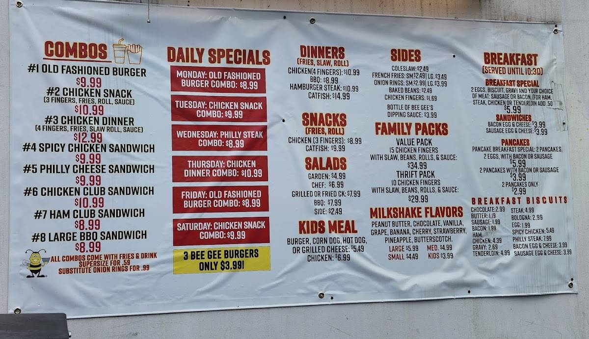 Menu at Bee-Gee's restaurant, Albertville
