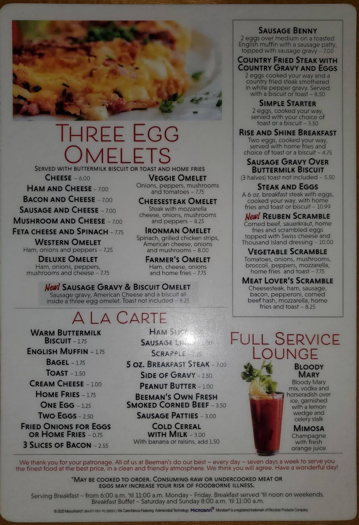 Menu at Beeman's restaurant, Sayre