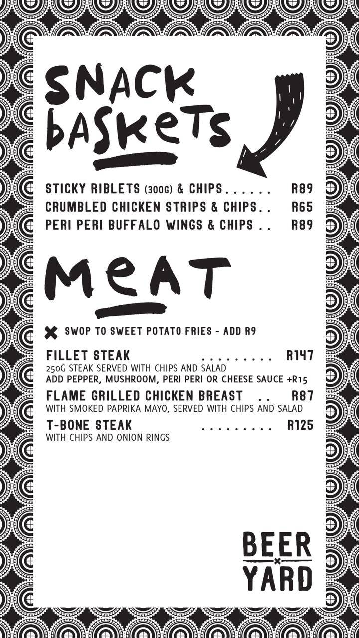 Menu at Beer Yard pub & bar, Port Elizabeth