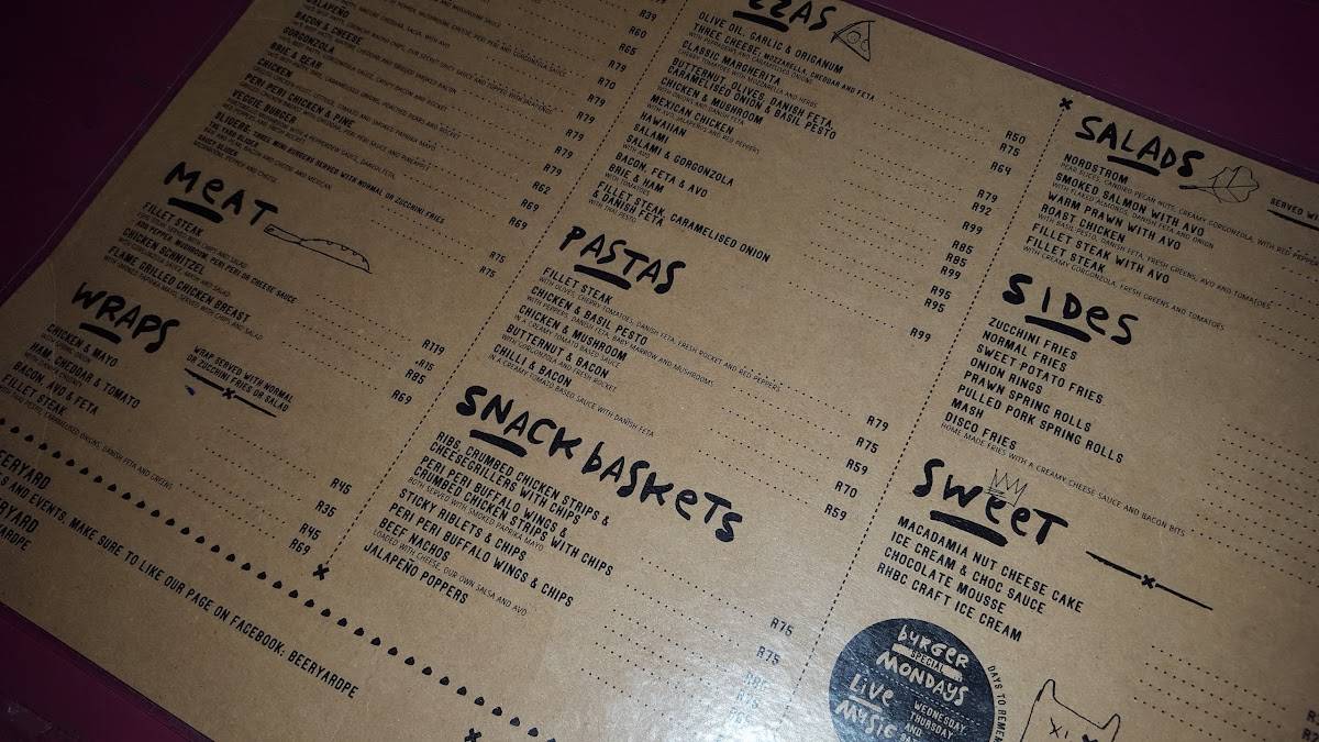Menu at Beer Yard pub & bar, Port Elizabeth