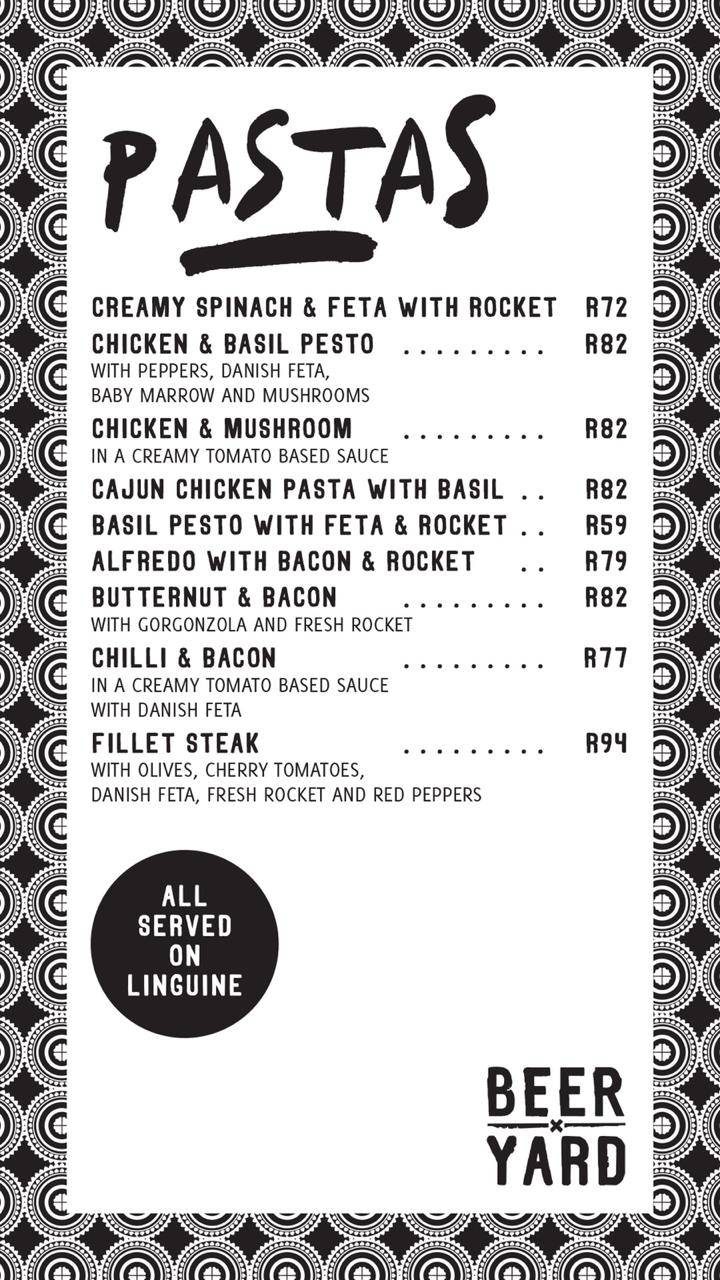 Menu at Beer Yard pub & bar, Port Elizabeth