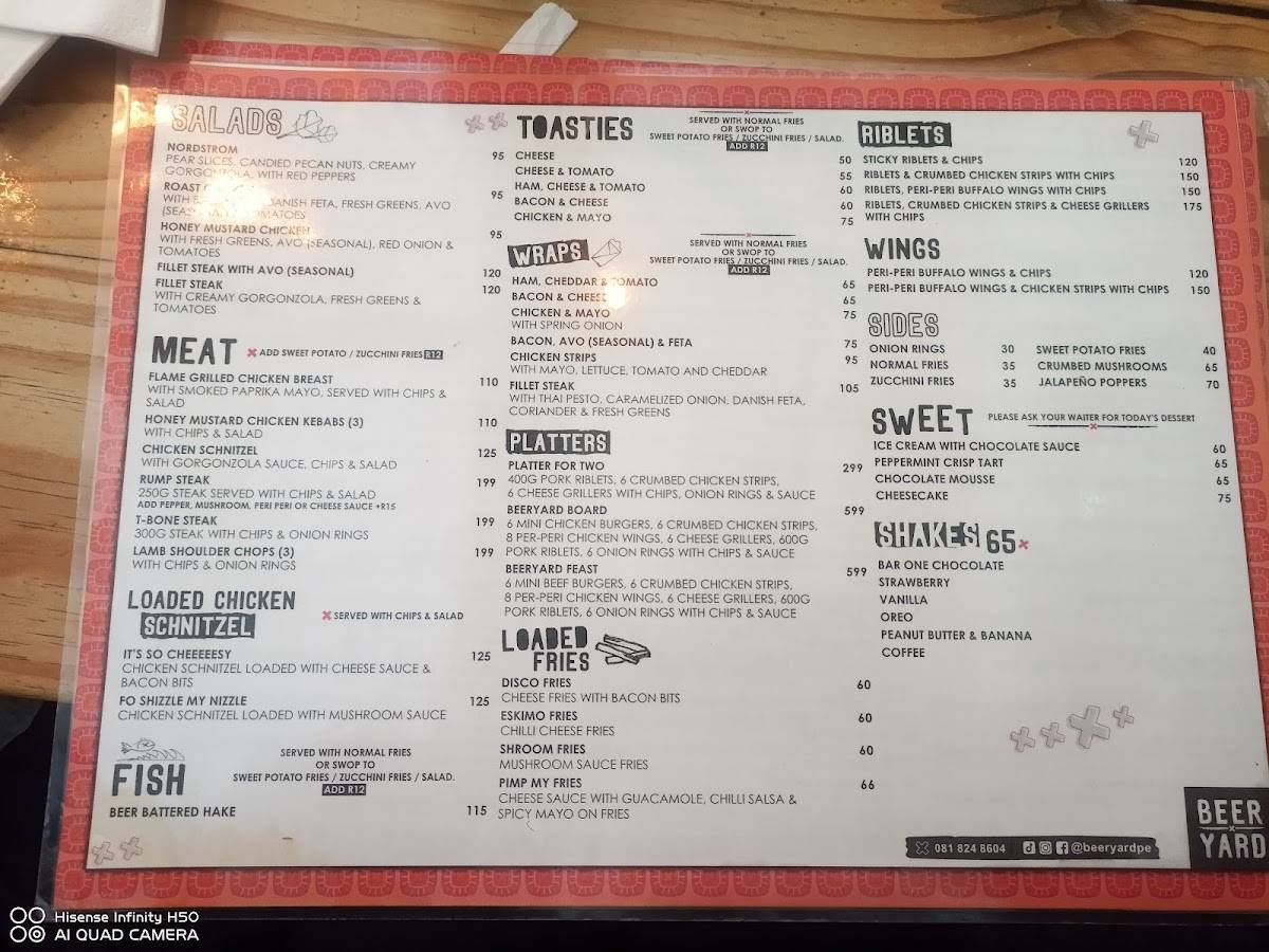 Menu at Beer Yard pub & bar, Port Elizabeth
