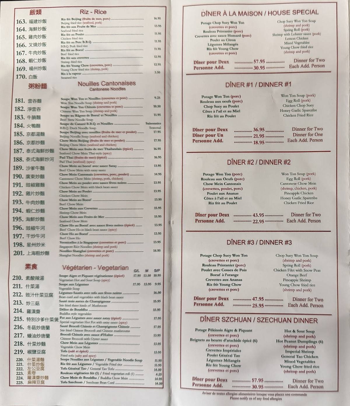 Menu at Beijing Restaurant, Montréal, 92 Rue De la Gauchetière O