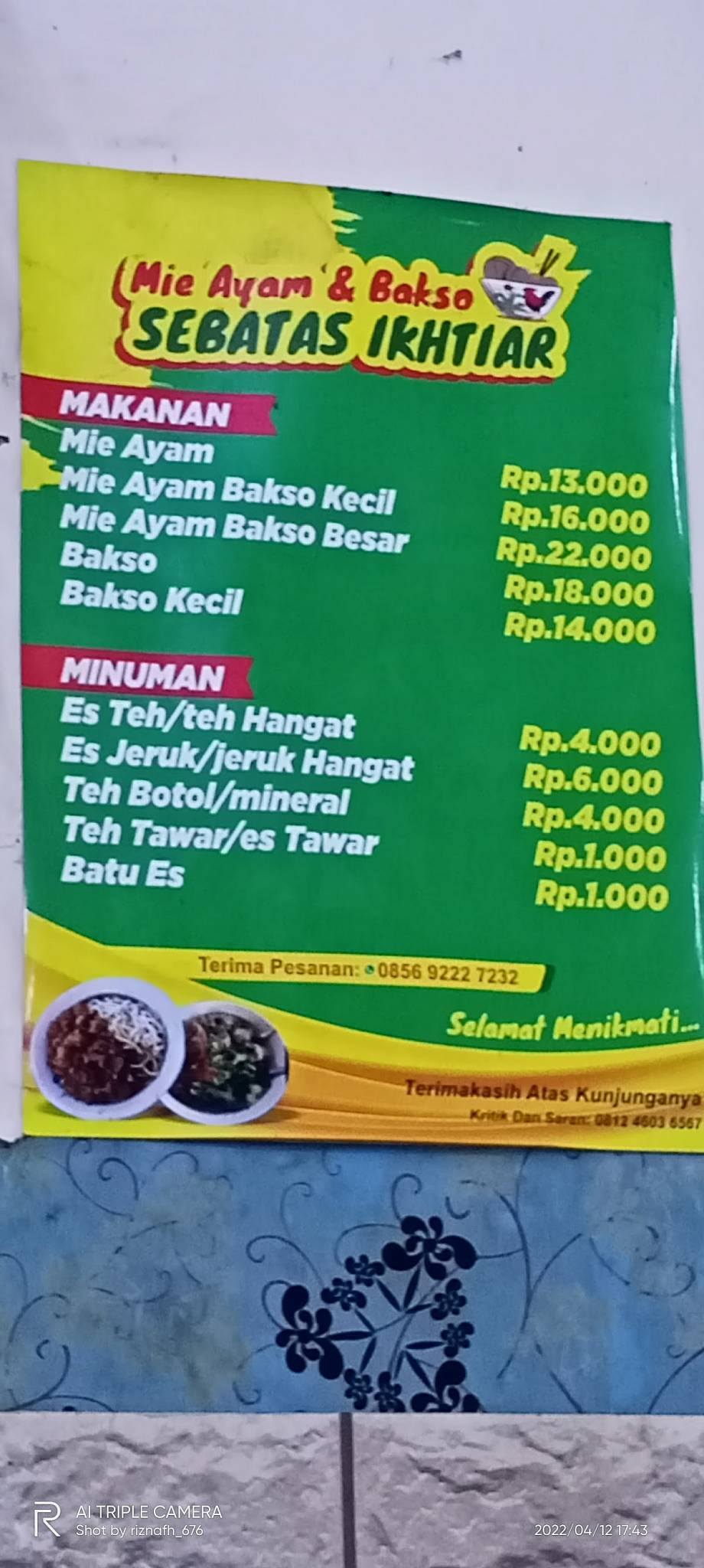 Menu at Mie Ayam Bakso Sebatas Ikhtiar 2 restaurant, Bekasi Regency
