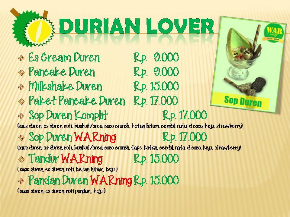 Menu at Warning Durian cafe, Bekasi Regency