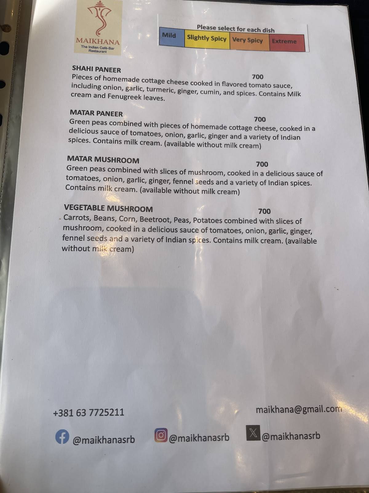 Menu at Maikhana The Indian cafe bar restaurant, Belgrade