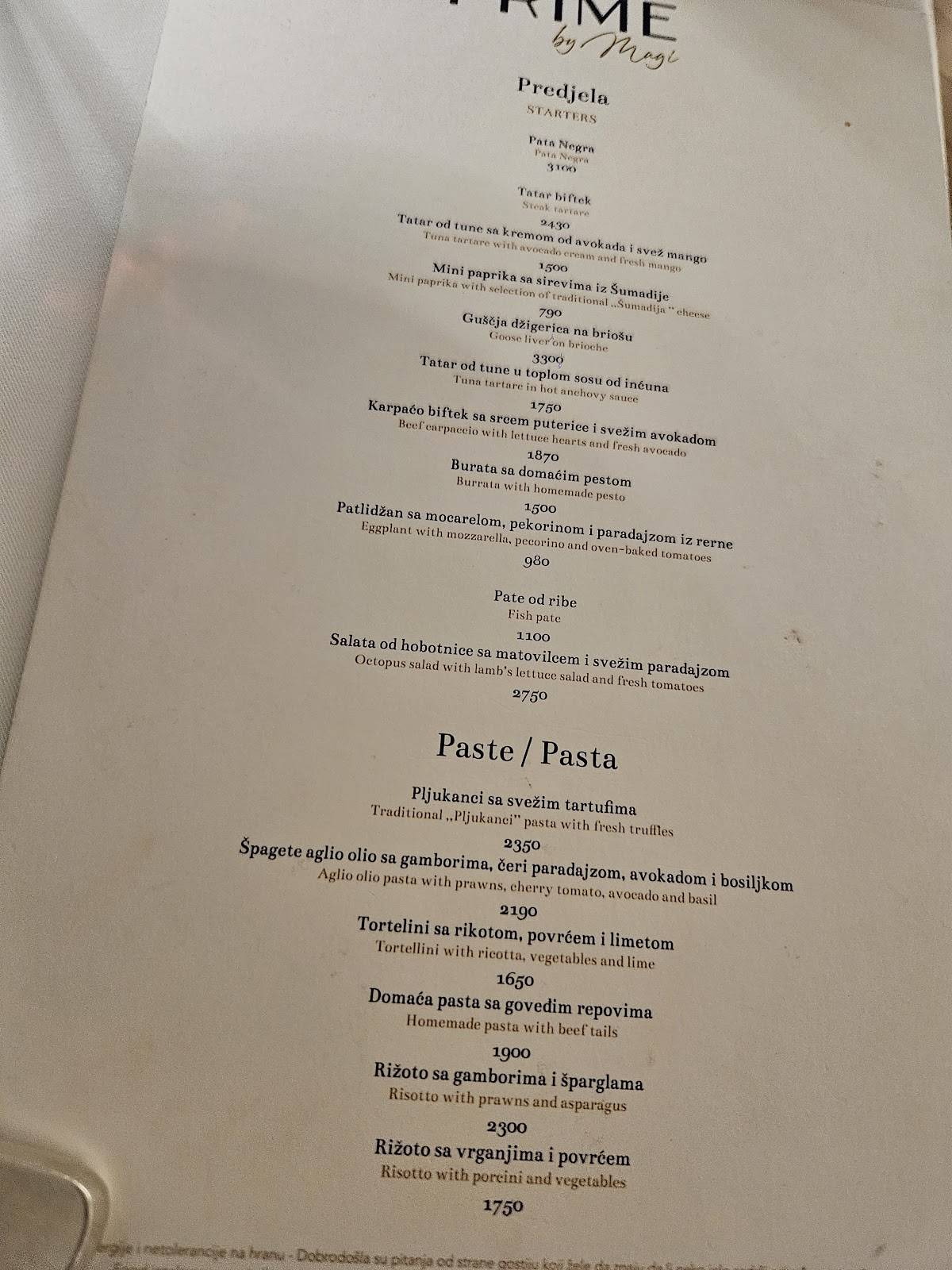 Menu at Prime Restaurant, Belgrade, Vladimira Popovića 10
