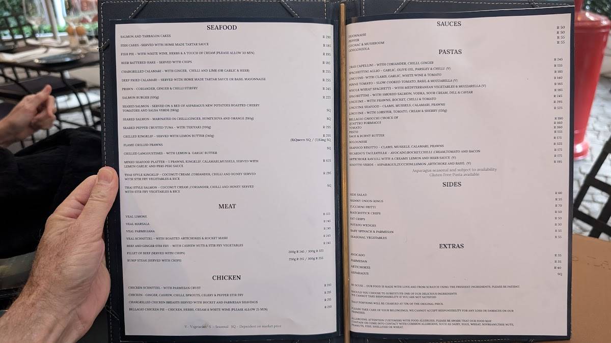 Menu au Bellagio Mediterranean Restaurant, Le Cap
