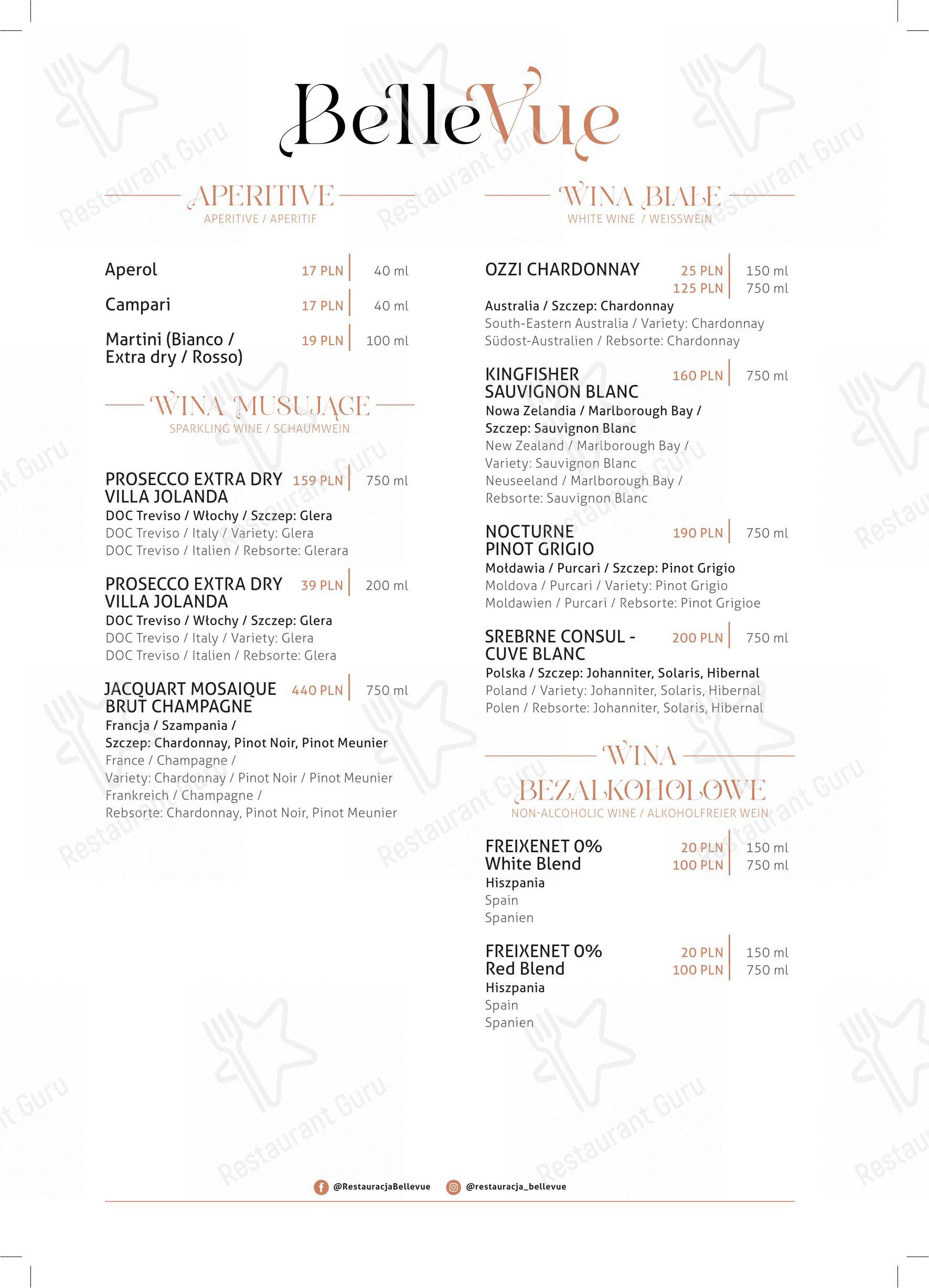 Menu at BelleVue restaurant, Szczecin