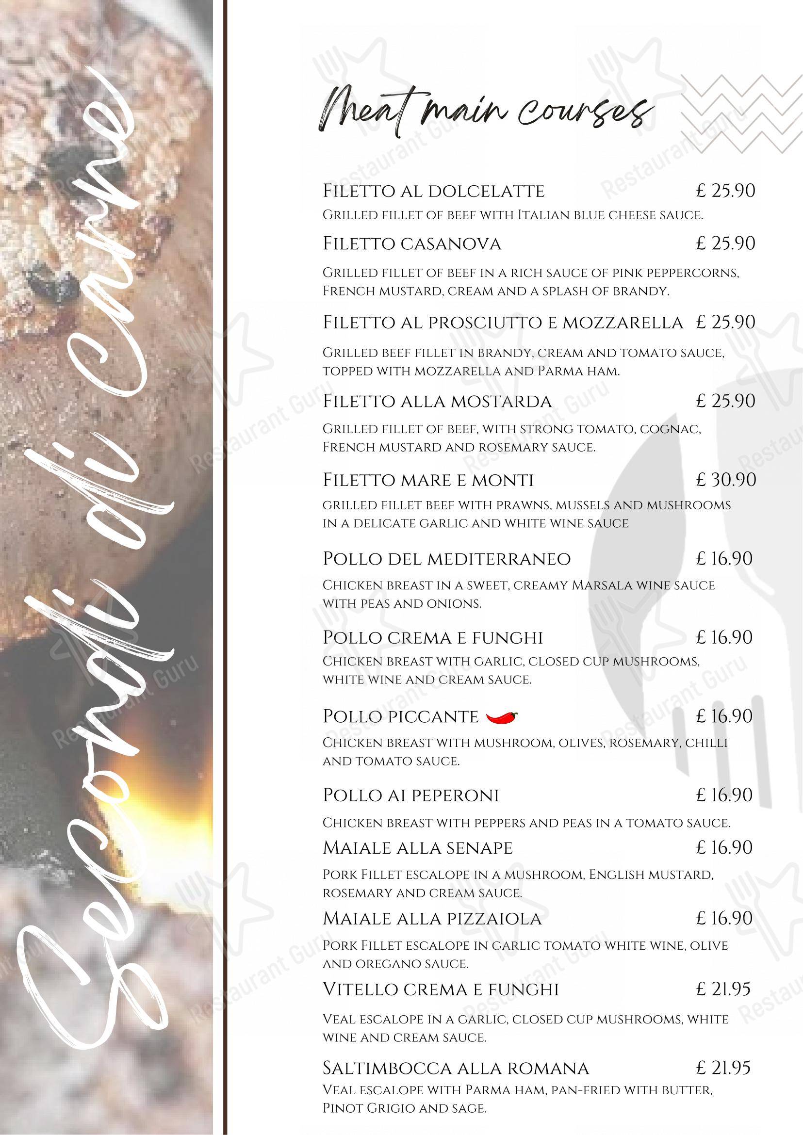Menu at Bellini Italian restaurant, Mandurah