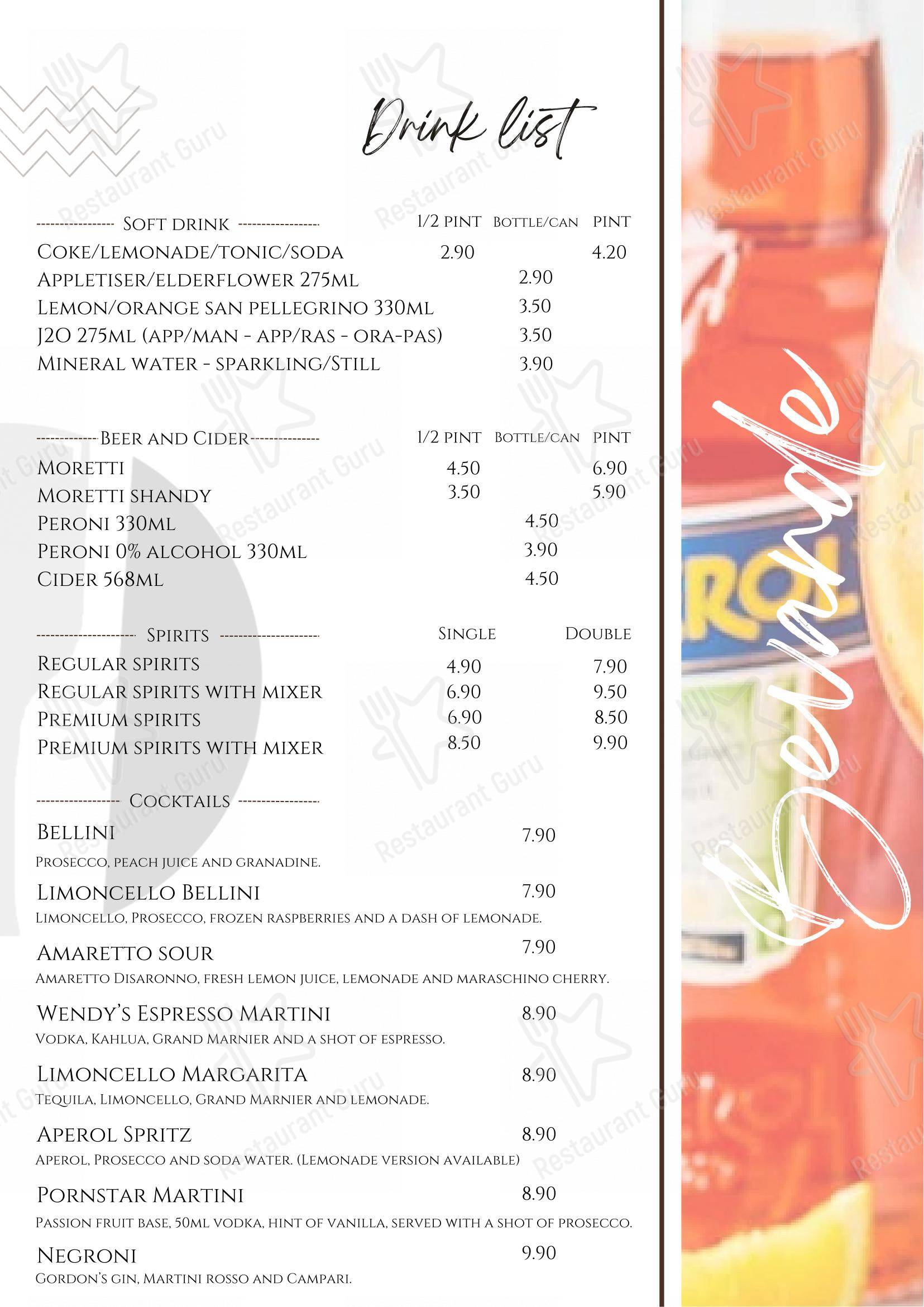 Menu at Bellini Italian restaurant, Mandurah