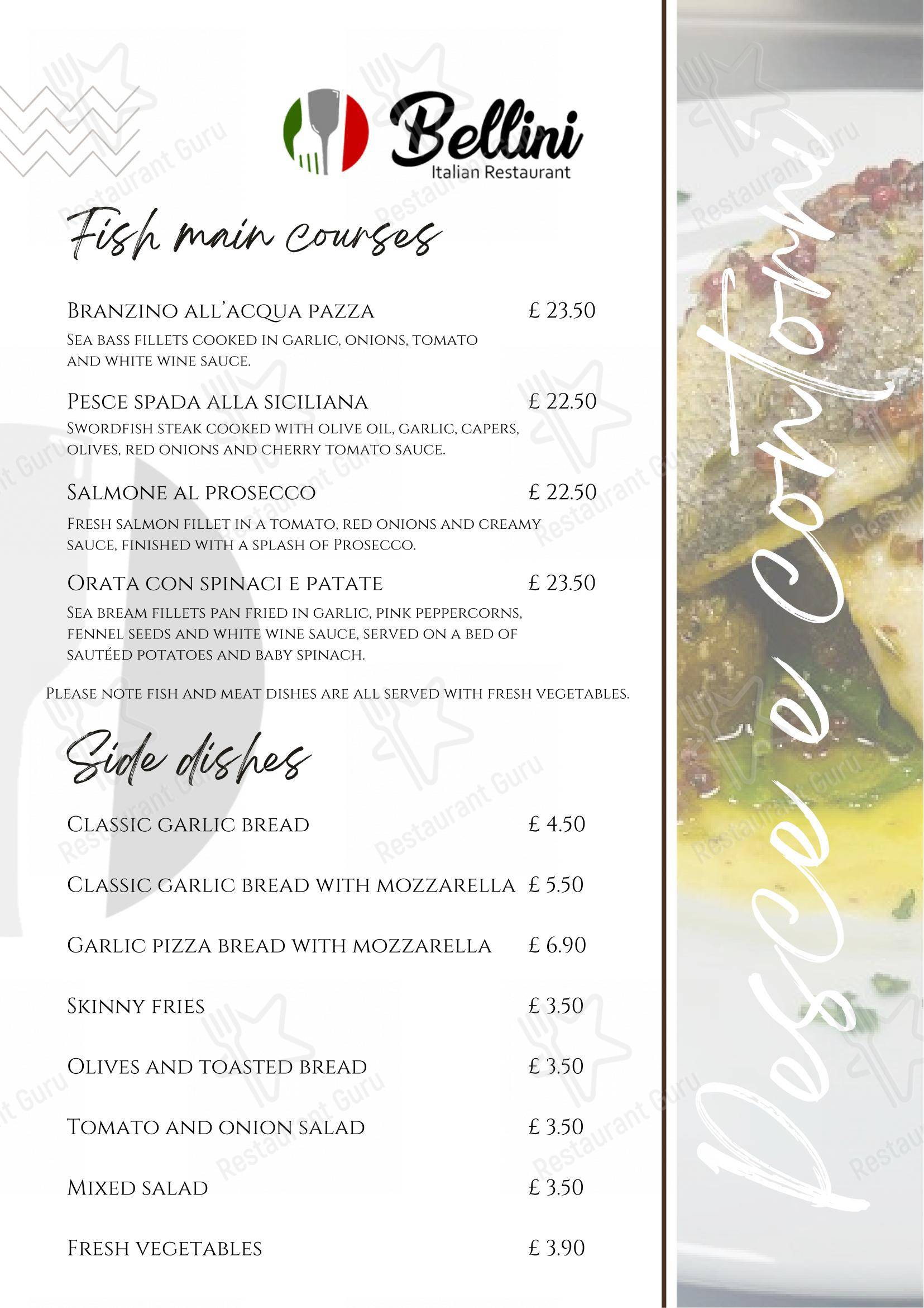 Menu at Bellini Italian restaurant, Mandurah