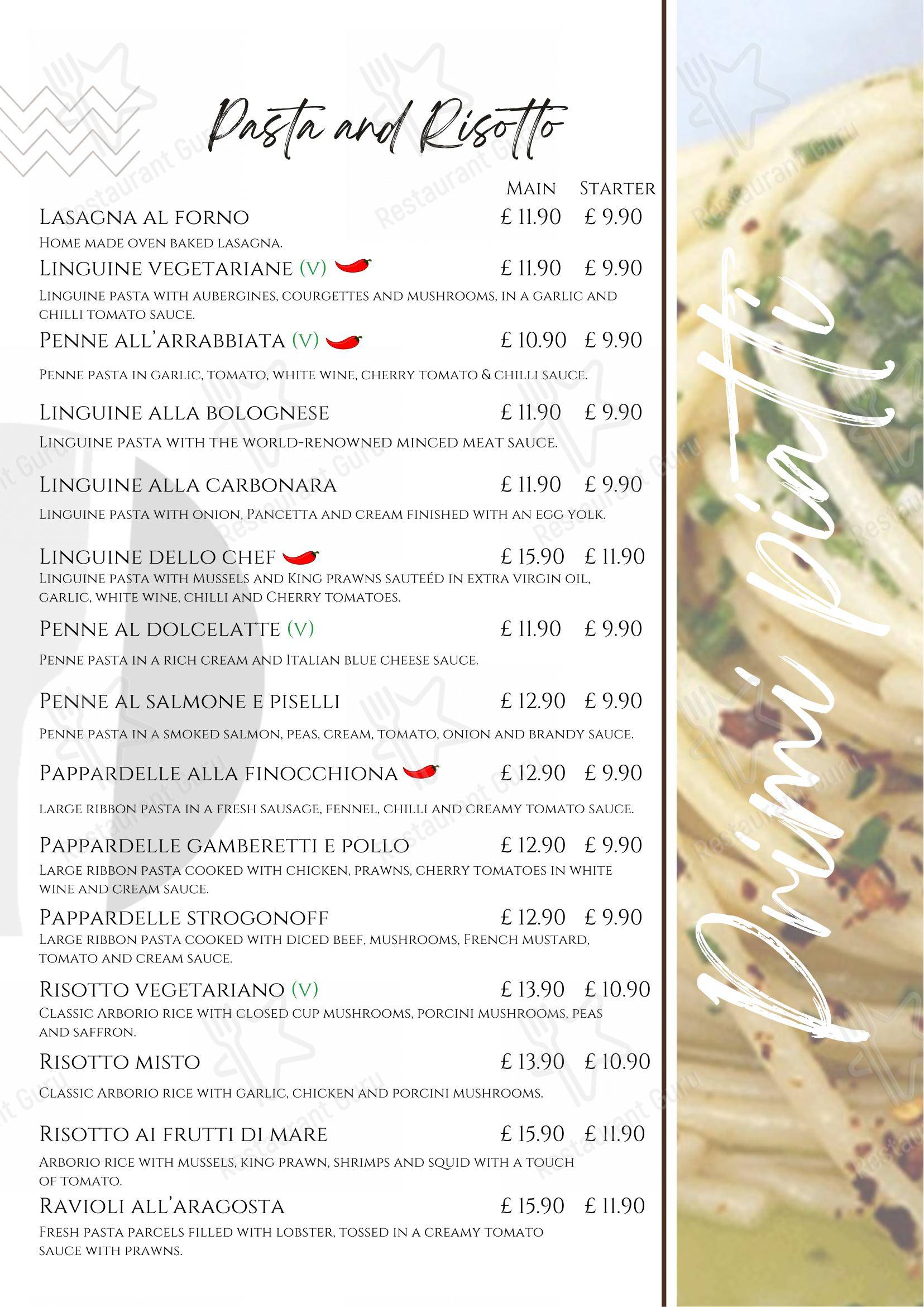 Menu at Bellini Italian restaurant, Mandurah