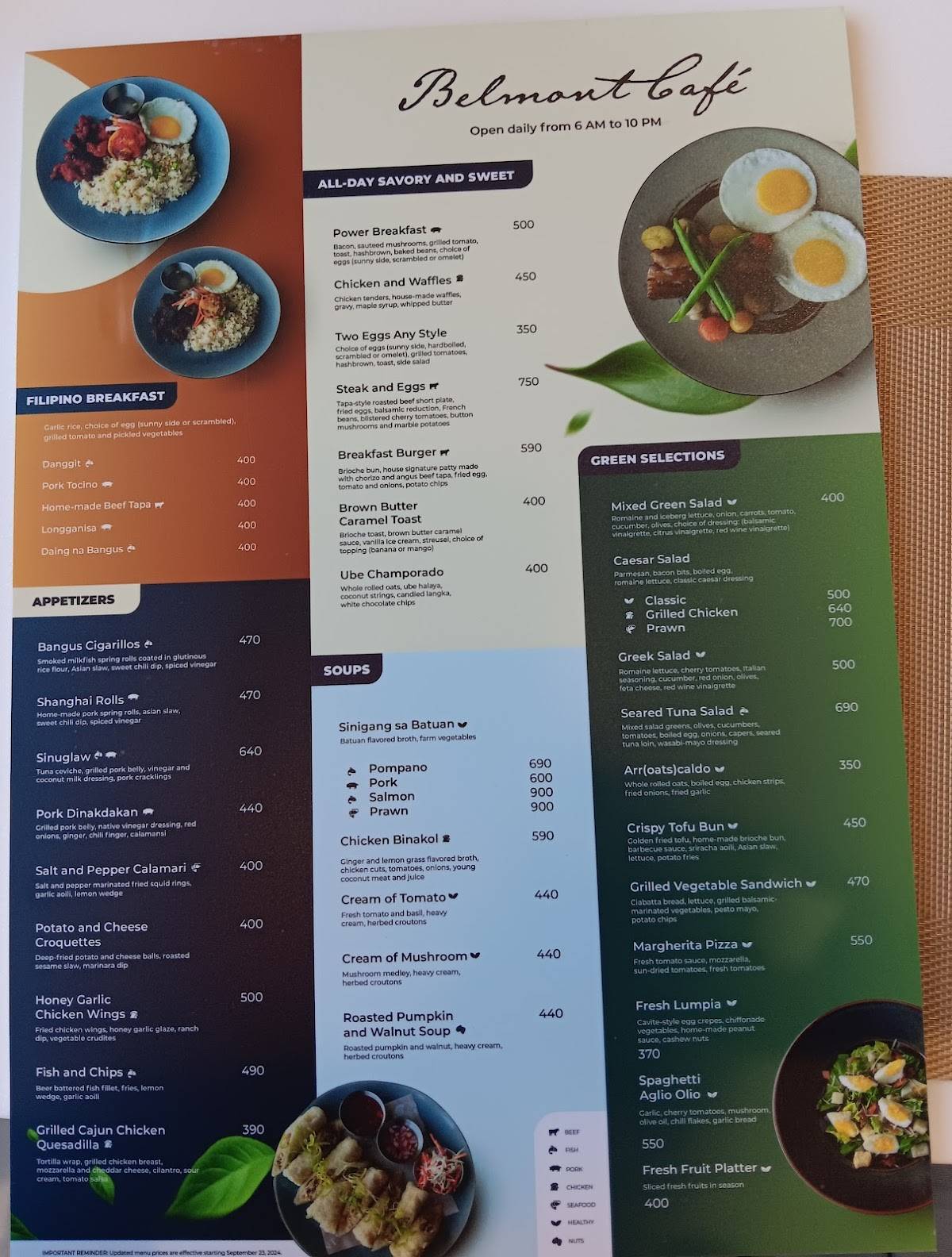 Menu at Belmont Cafe - Boracay, Malay