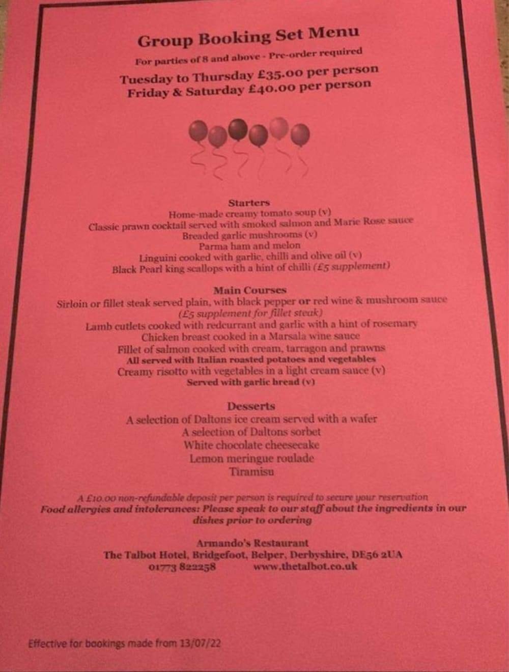 Menu at Armando's Restaurant at The Talbot Hotel, Belper