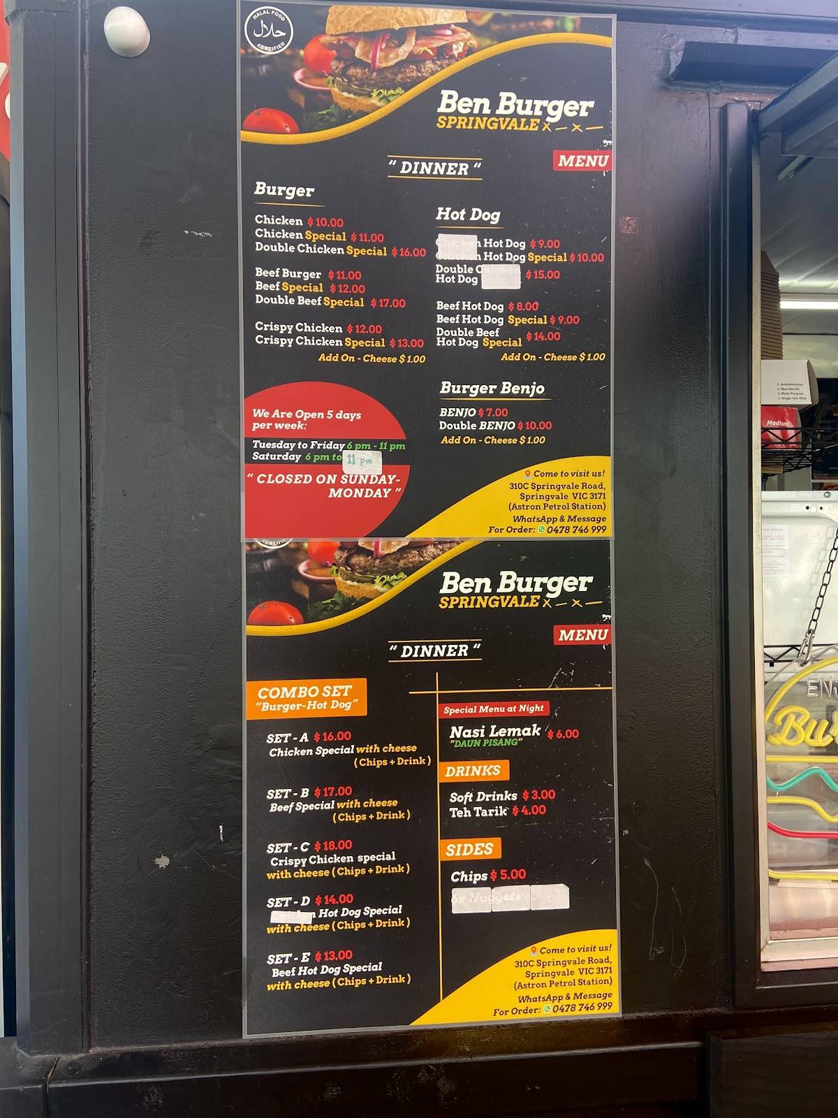 Menu at Ben Burger Springvale restaurant, Springvale