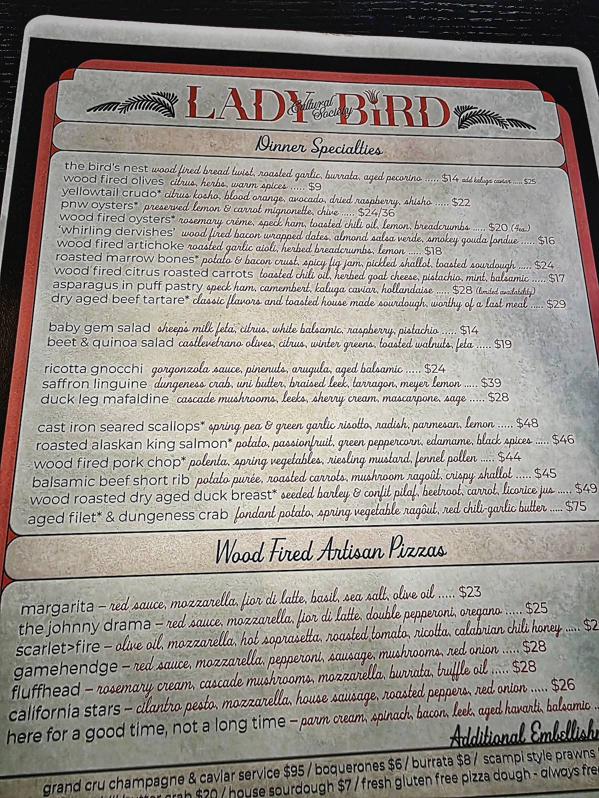 Menu at Lady Bird Cultural Society pub & bar, Bend