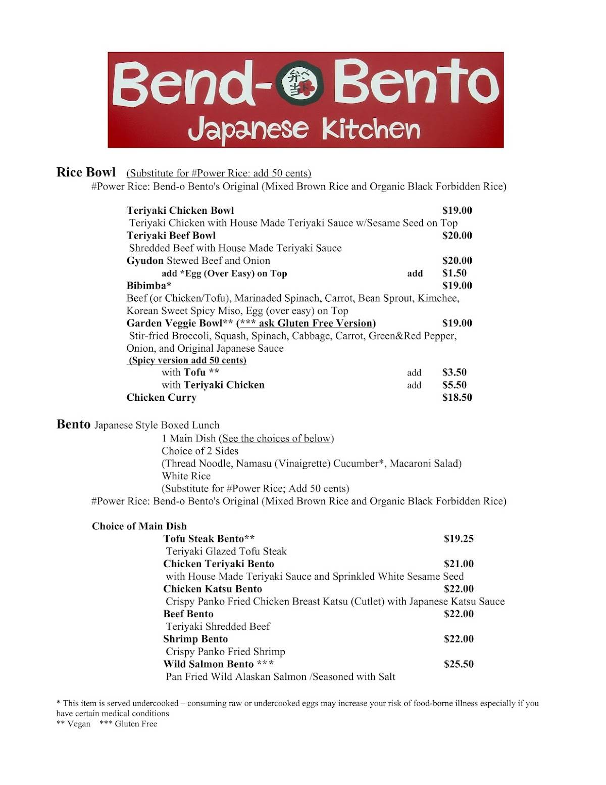 Menu at Bend-O Bento Japanese Kitchen restaurant, Bend