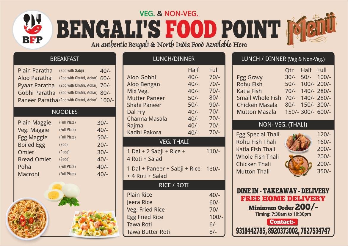 Menu at Bengali’s Food Point, New Delhi