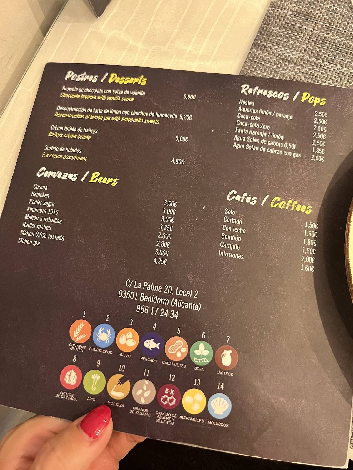 Menu at La Yapa restaurant, Benidorm