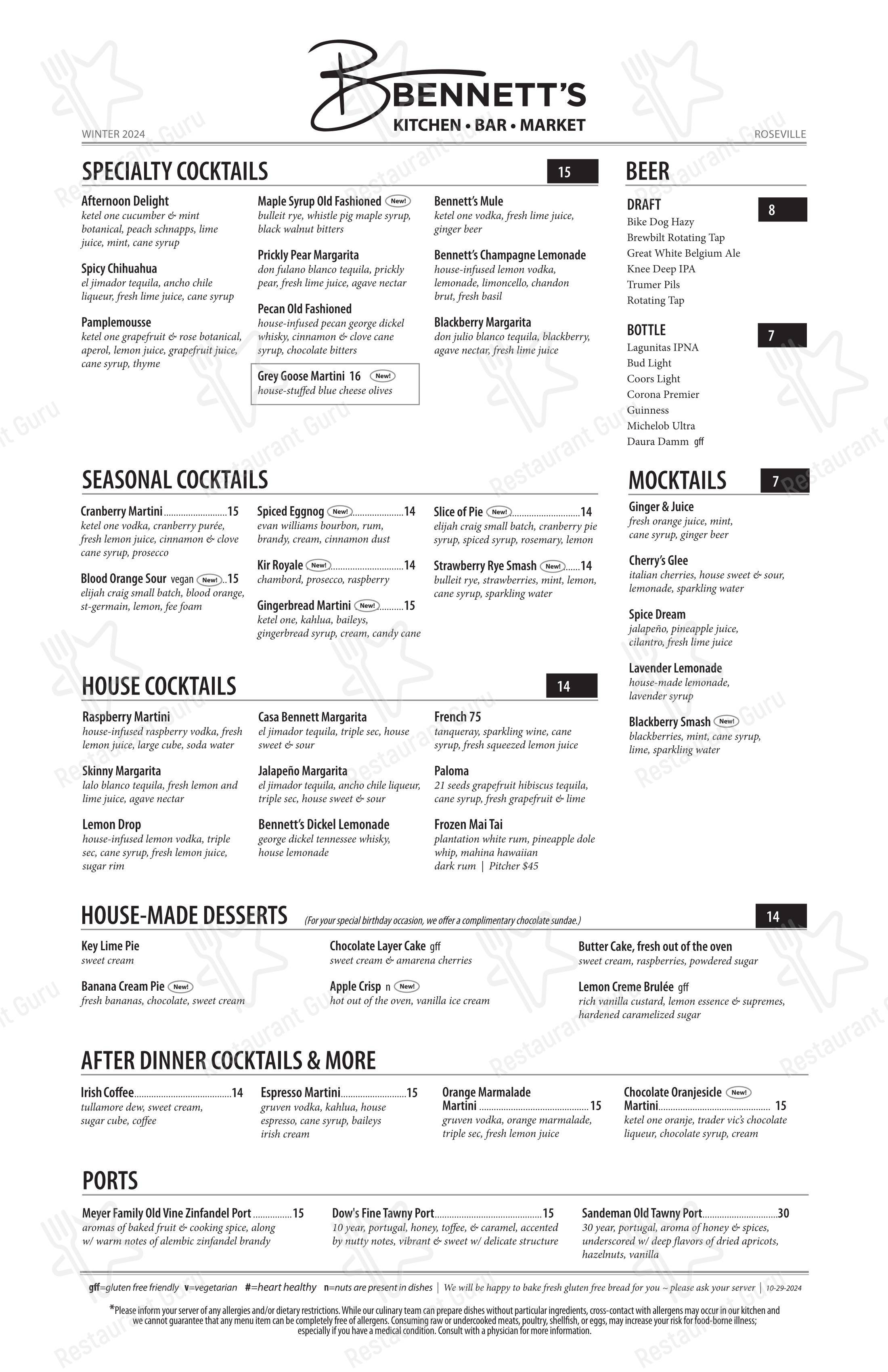 Menu at Bennett's Kitchen Bar Market, Roseville