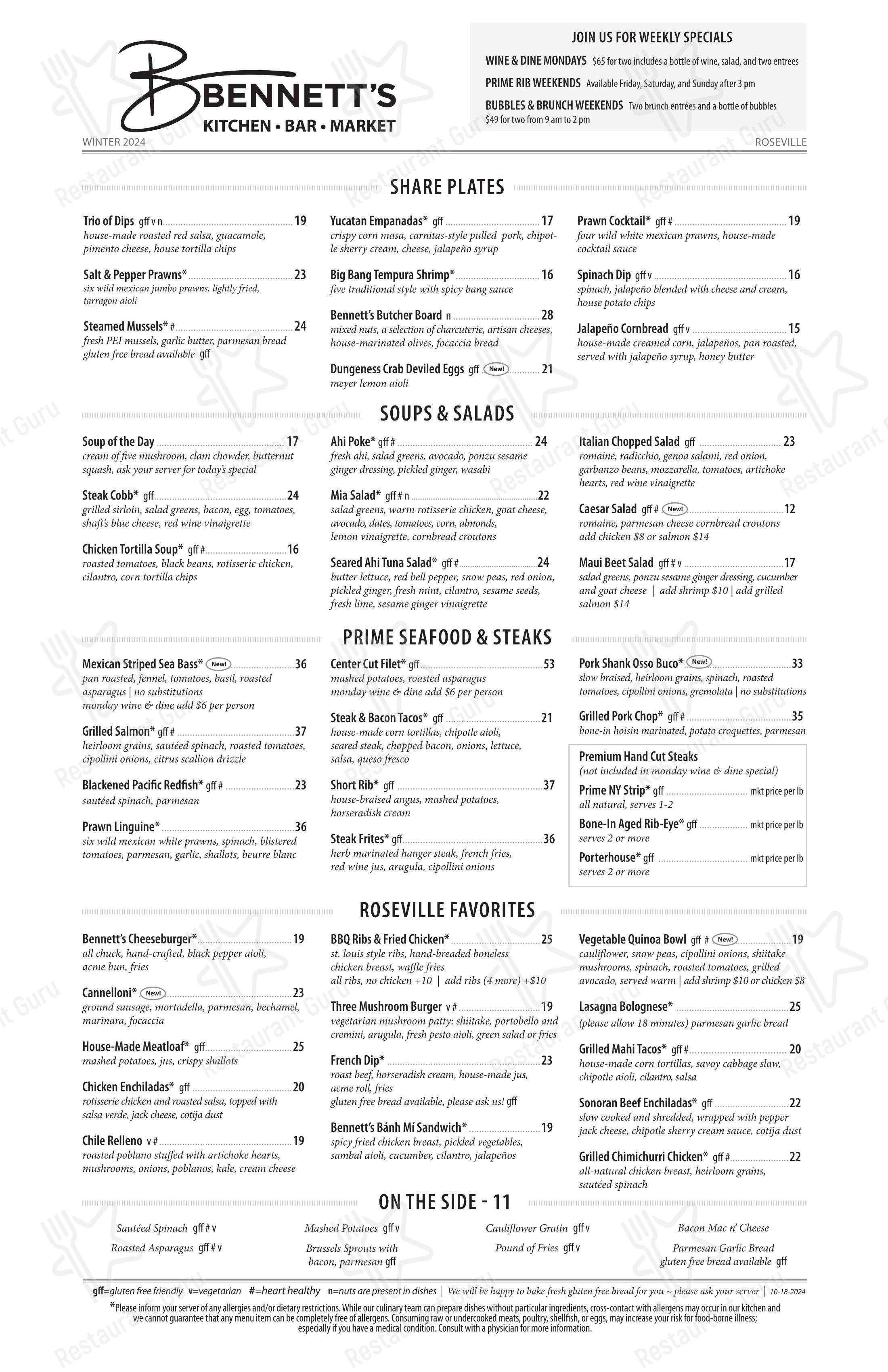 Menu at Bennett's Kitchen Bar Market, Roseville