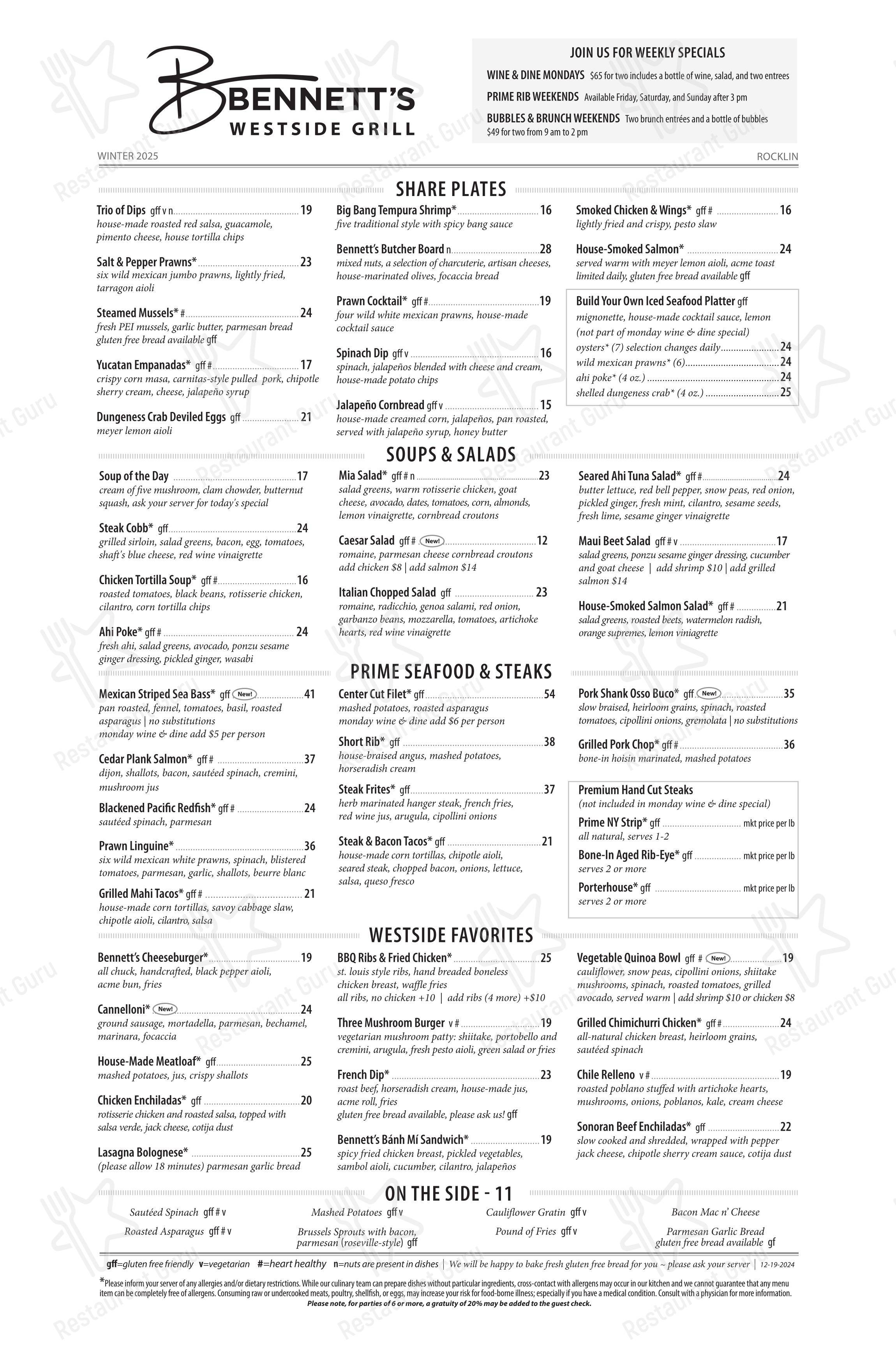 Menu at Bennett's Kitchen Bar Market, Roseville
