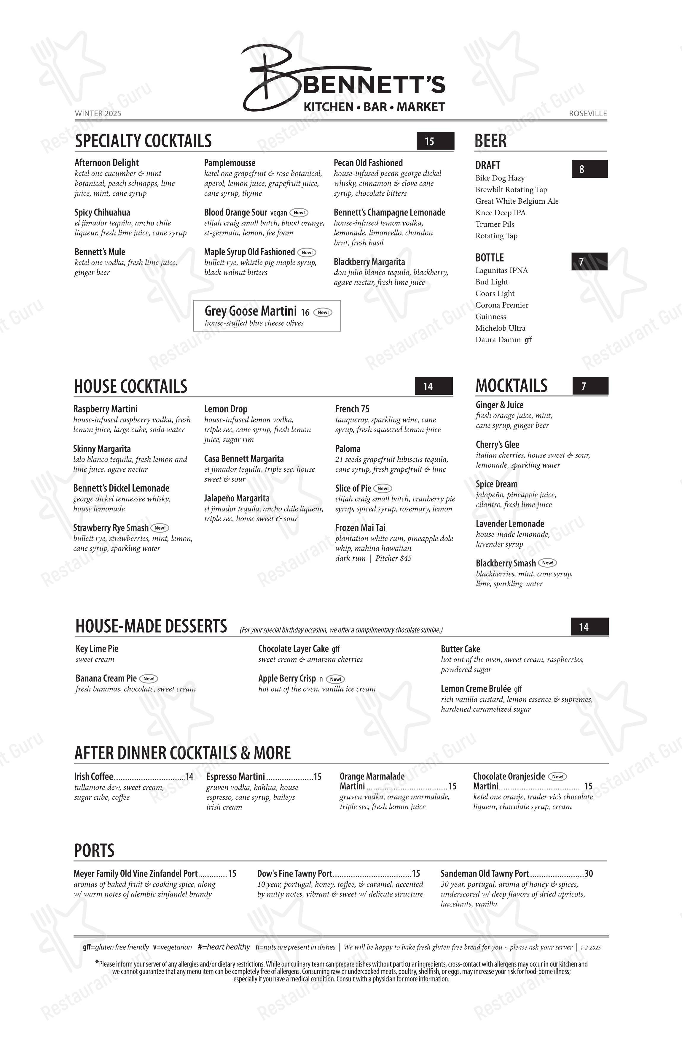 Menu at Bennett's Kitchen Bar Market, Roseville