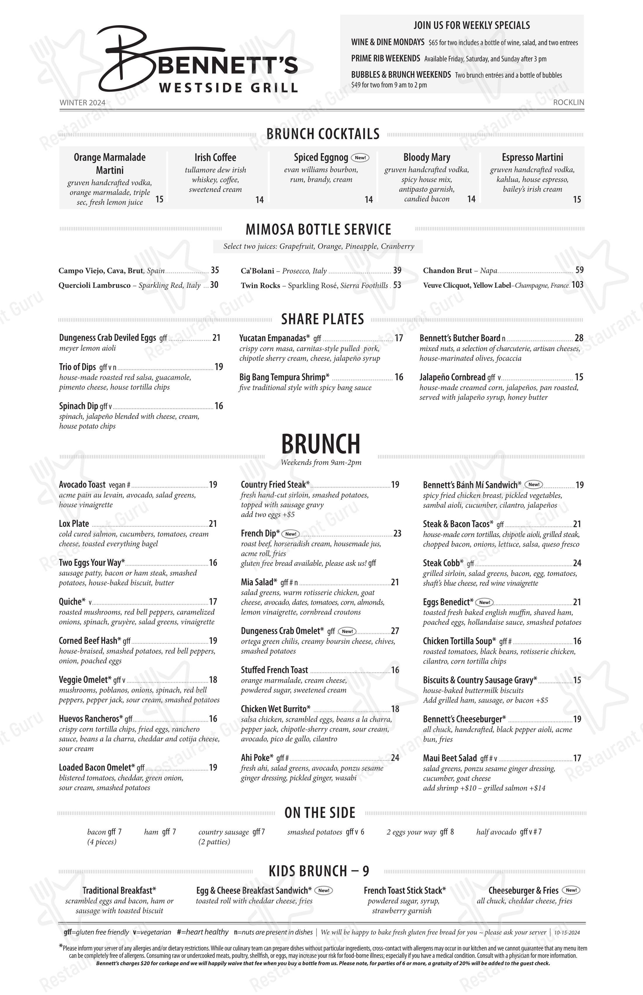 Menu at Bennett's Kitchen Bar Market, Roseville