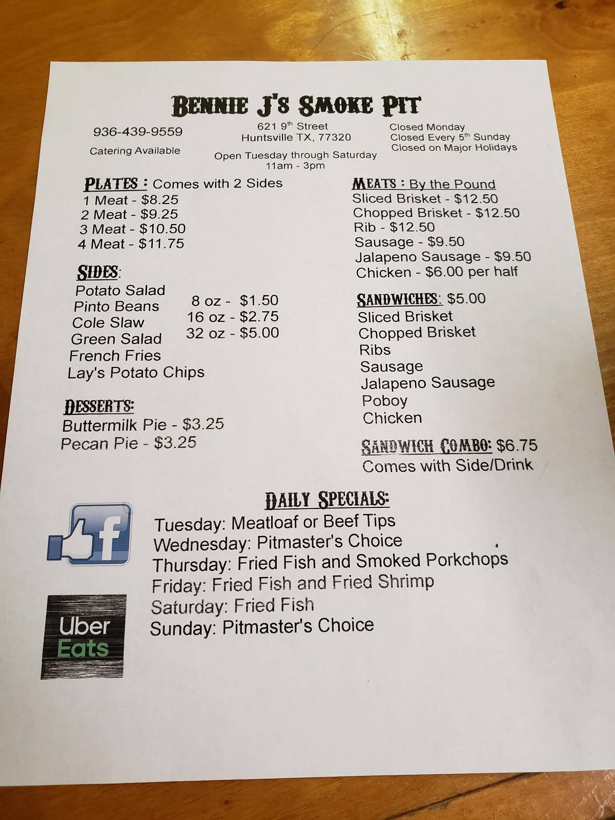 Menu at Bennie J's Smoke Pit LLC BBQ, Huntsville
