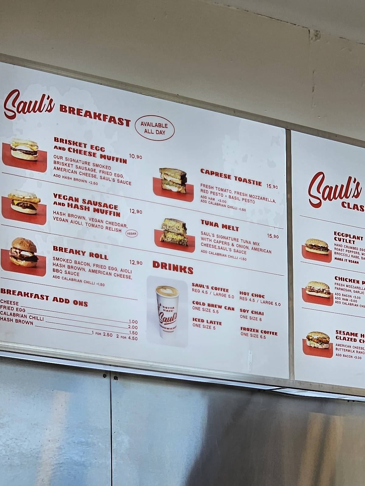 Menu at Saul's Sandwiches cafe, Bentleigh East