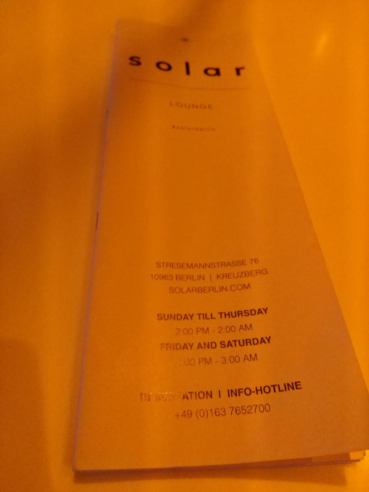 Speisekarte von SOLAR Bar Restaurant Lounge, Berlin