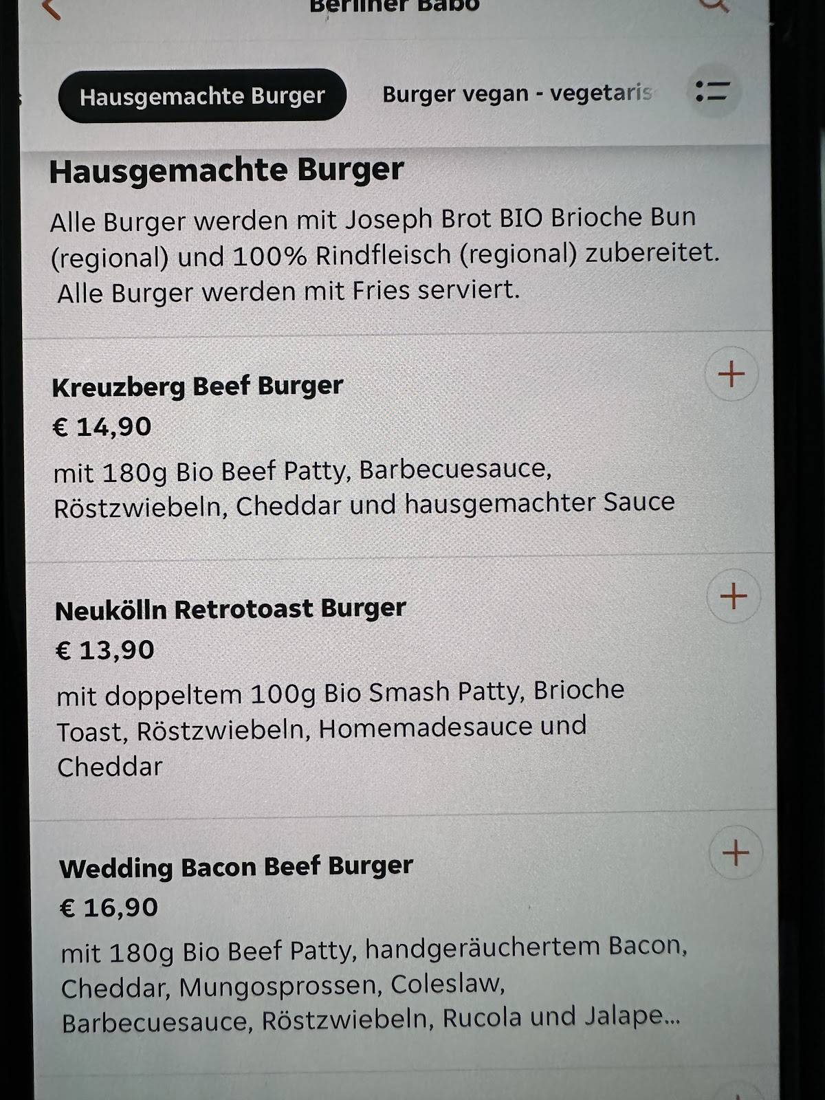 Speisekarte von Berliner Babo Meidling restaurant, Wien