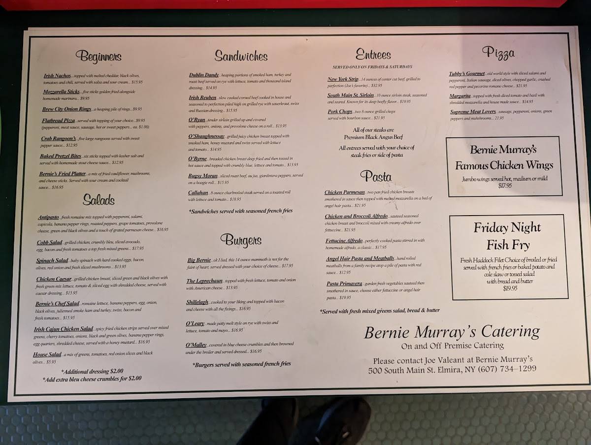 Menu at Bernie Murray's restaurant, Elmira