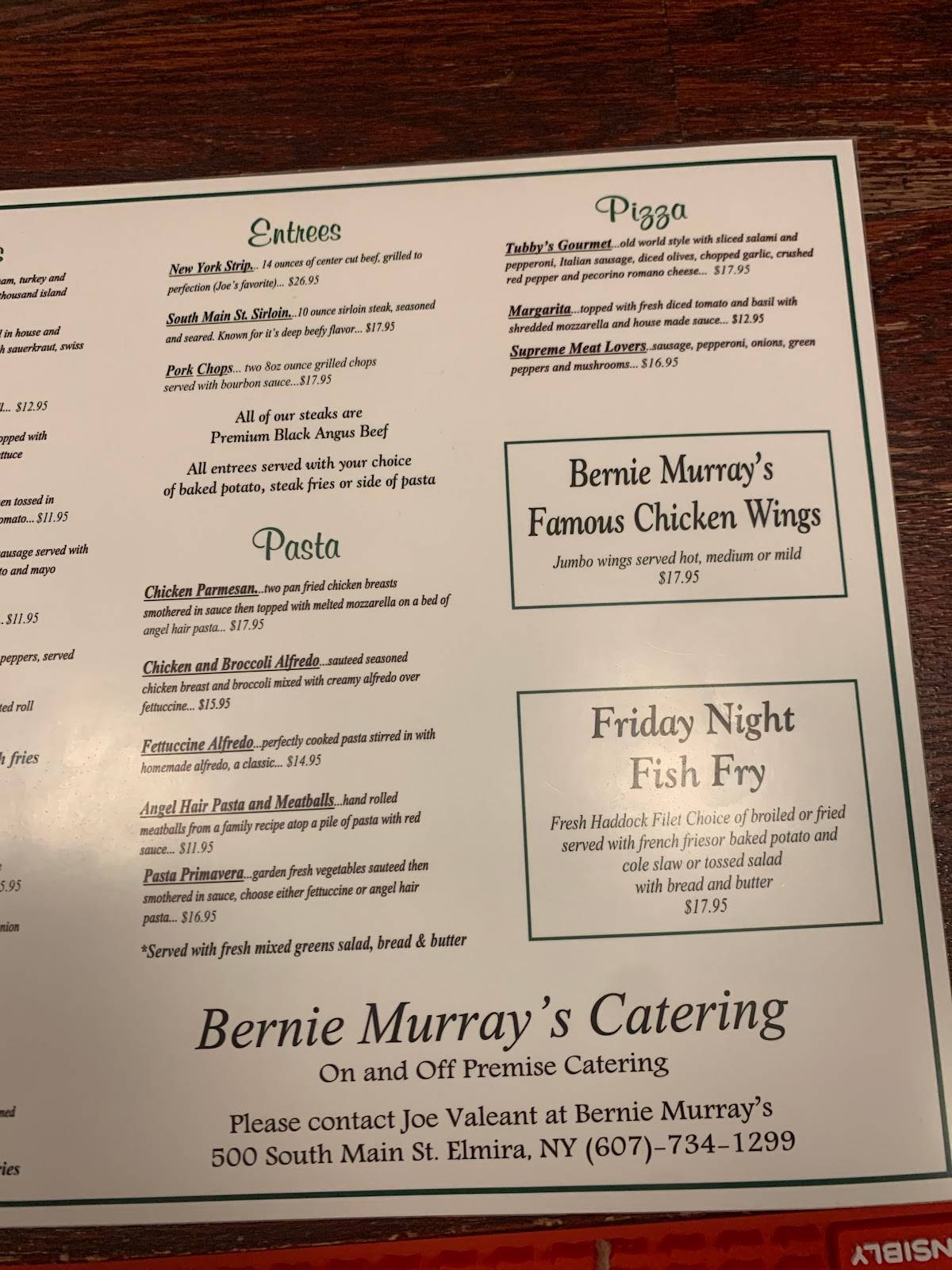 Menu at Bernie Murray's restaurant, Elmira