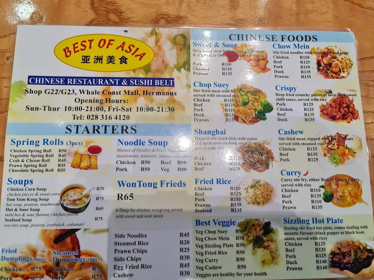 Menu at Best of Asia restaurant, Hermanus