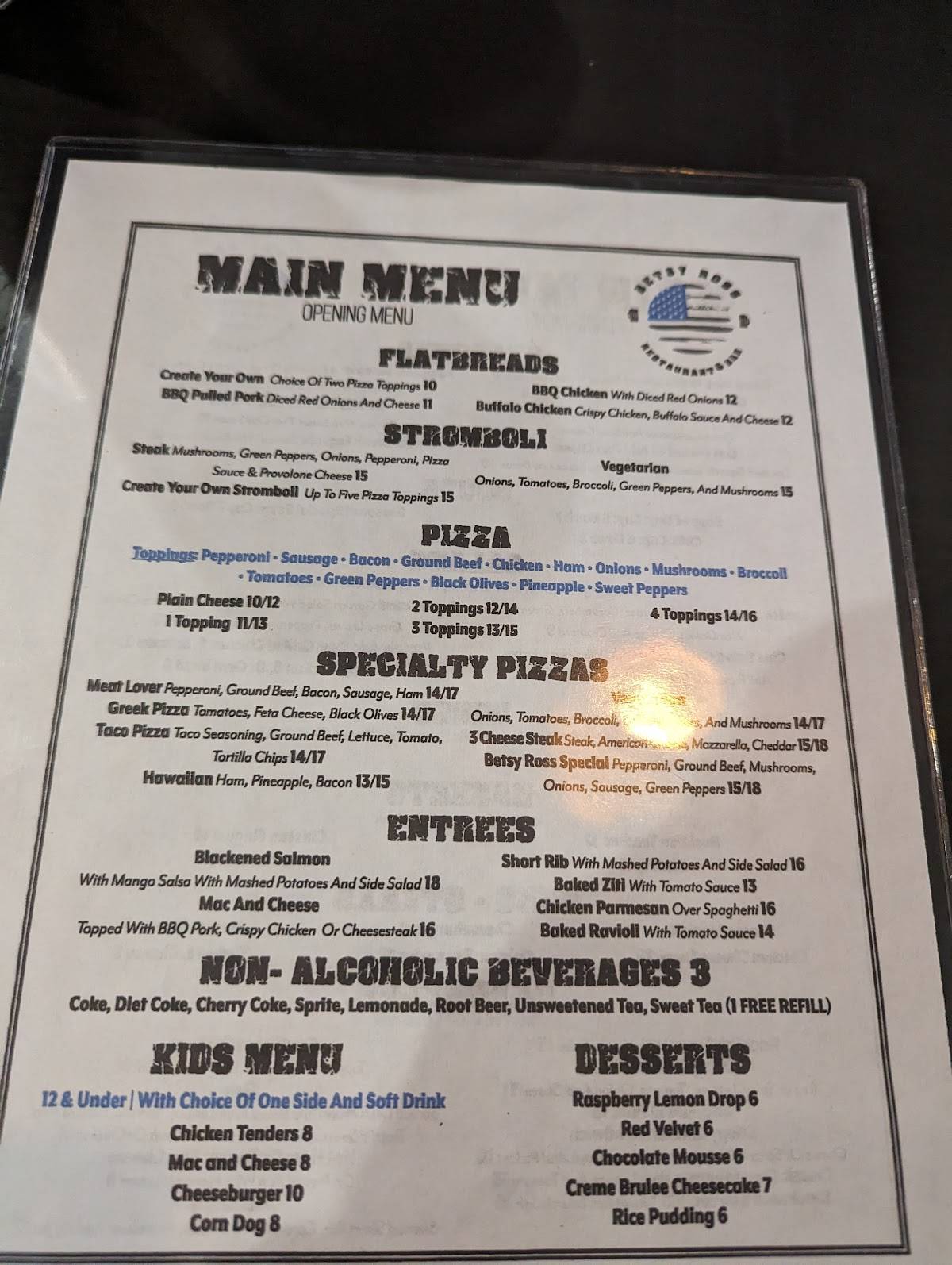 Menu at Betsy Ross Restaurant and Bar, Smyrna