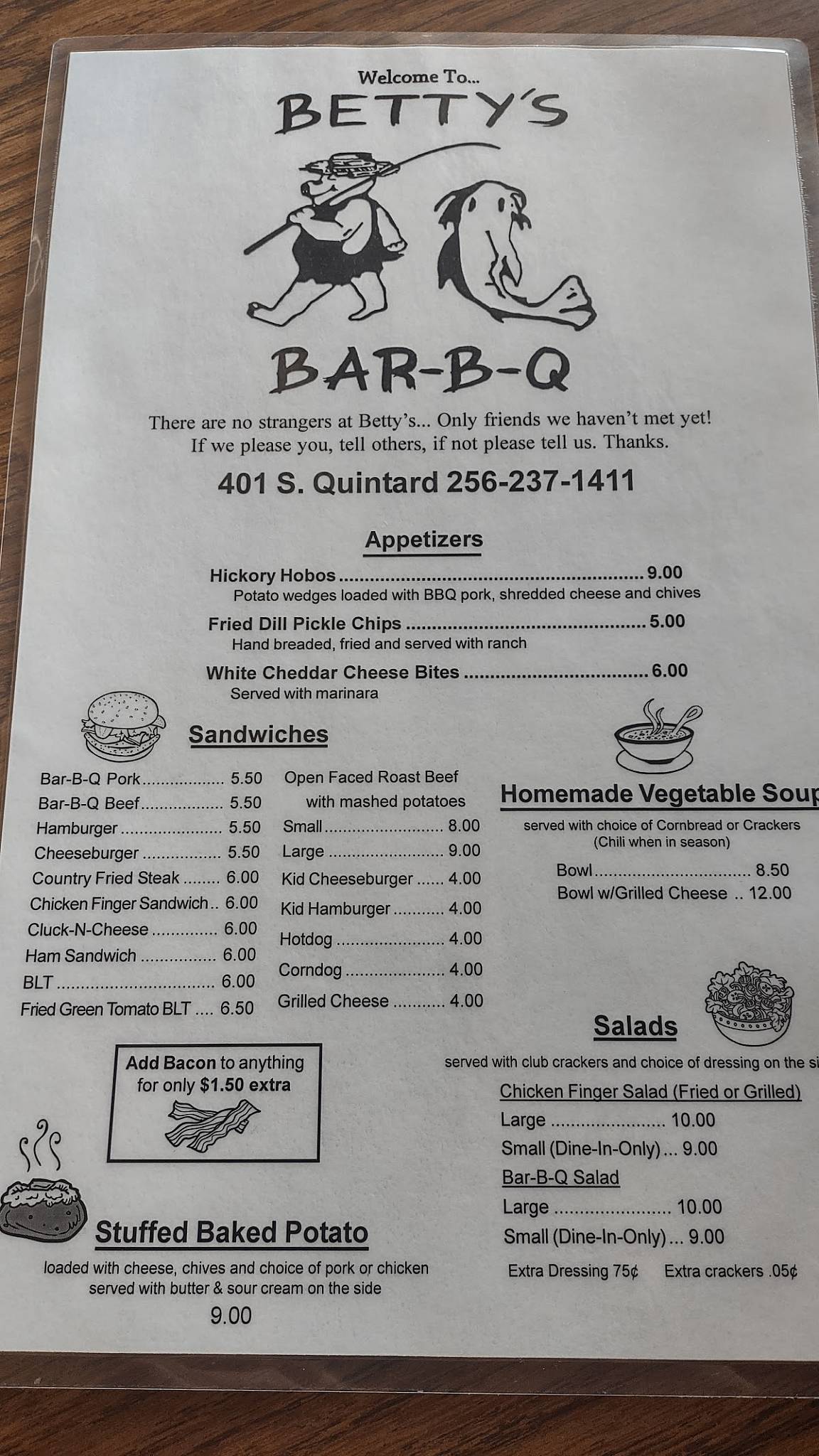Menu at Betty's Bar-B-Q, Anniston