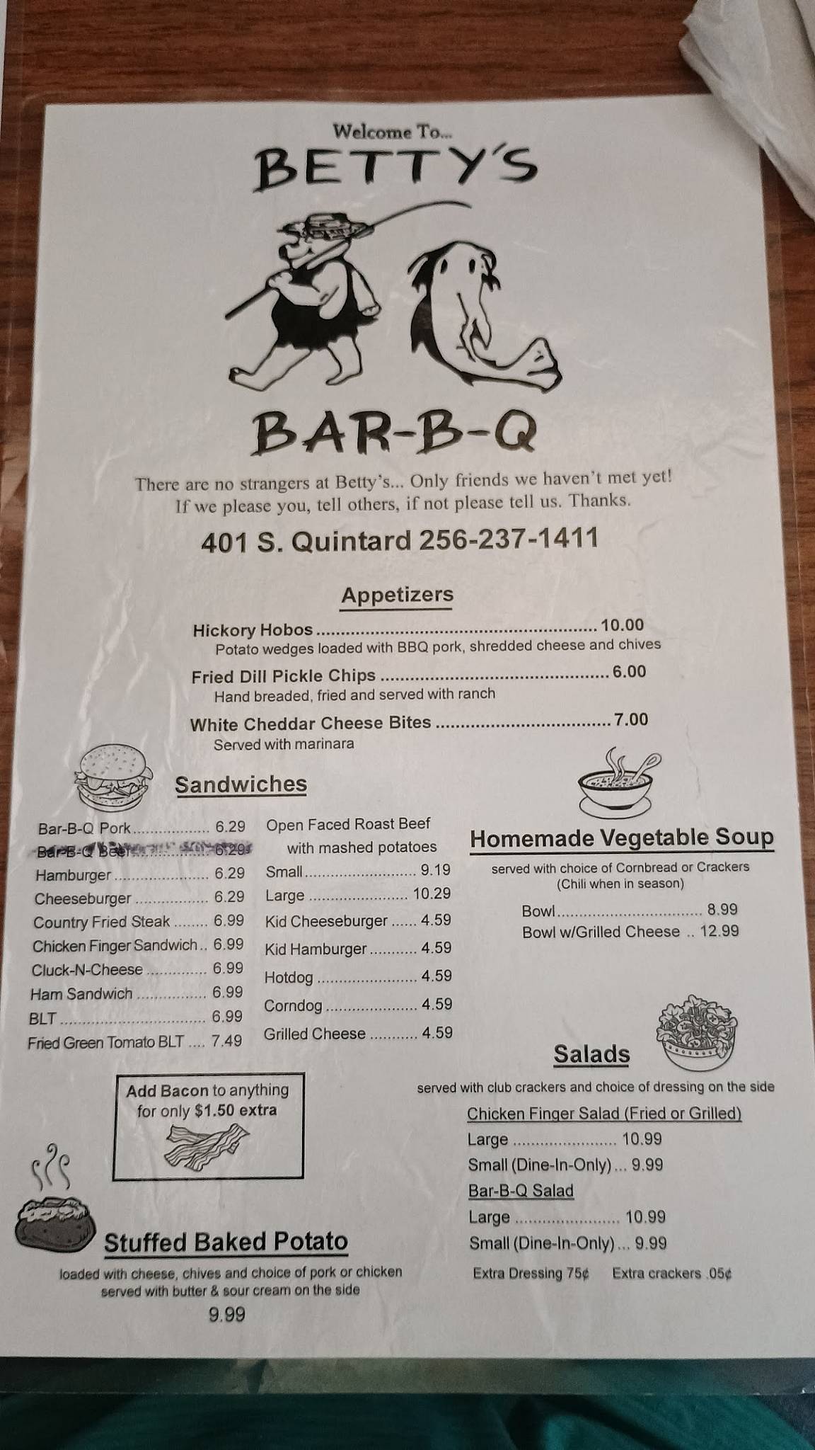 Menu at Betty's Bar-B-Q, Anniston
