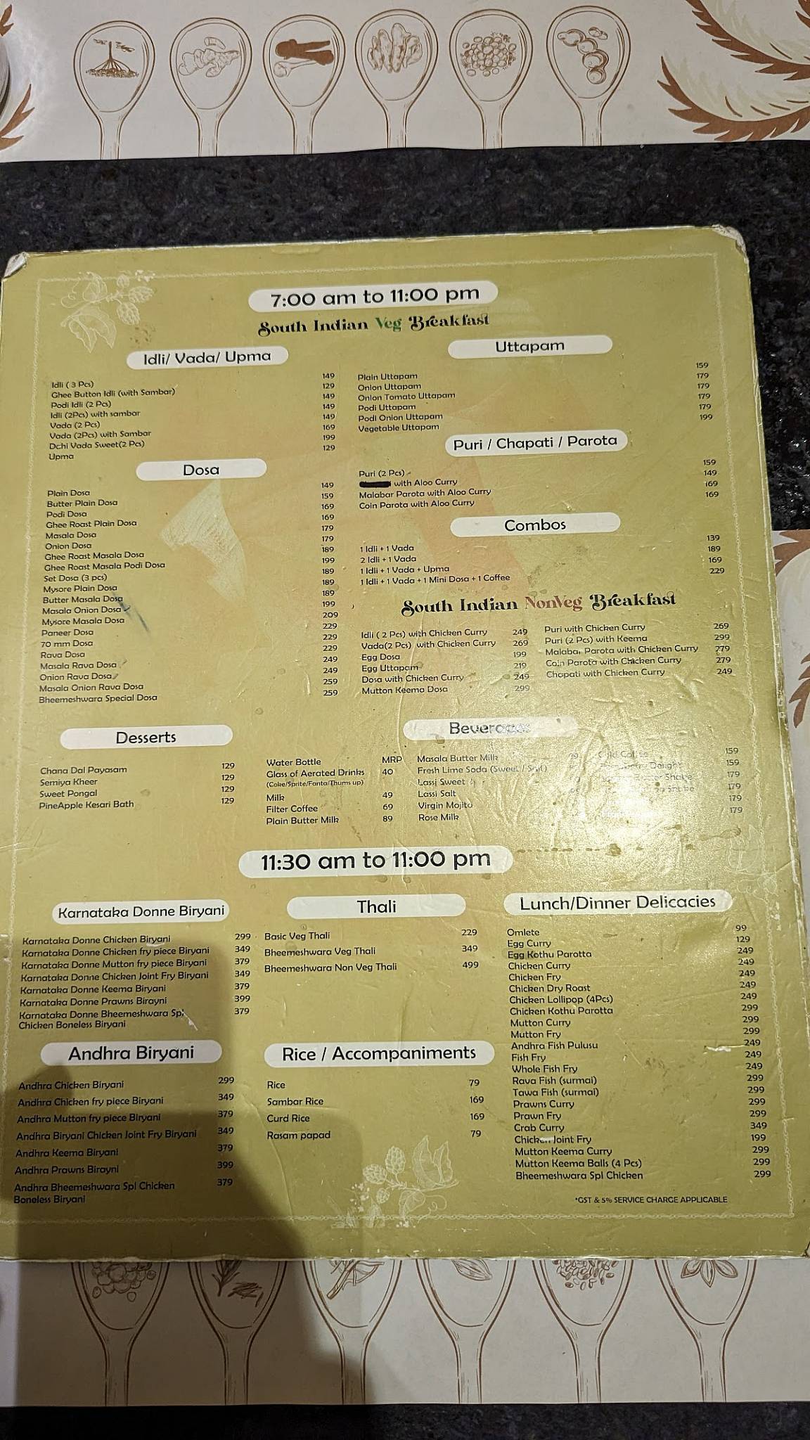 Menu at Bheemeshwara - A South Indian Delicacy, New Delhi, GROUND AND ...