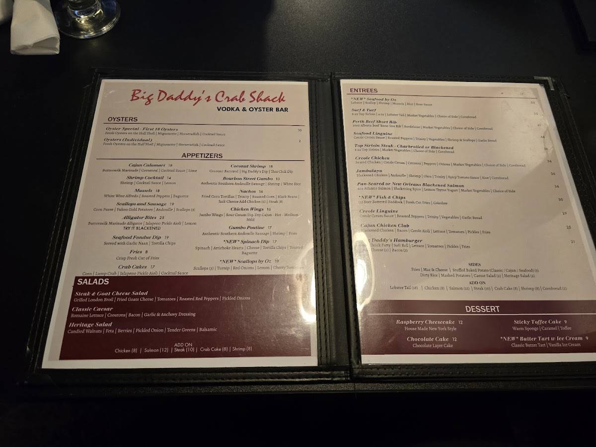 Menu au Big Daddy's Crab Shack Vodka and Oyster Bar, Ottawa