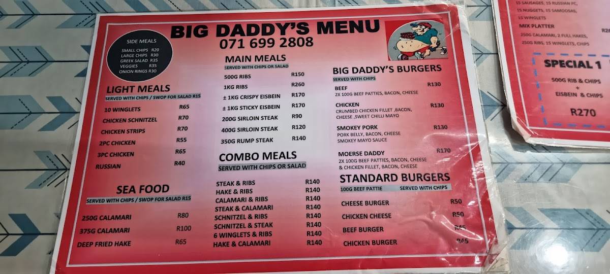 Menu at Big Daddy's Restaurant Mosselbay, Mossel Bay