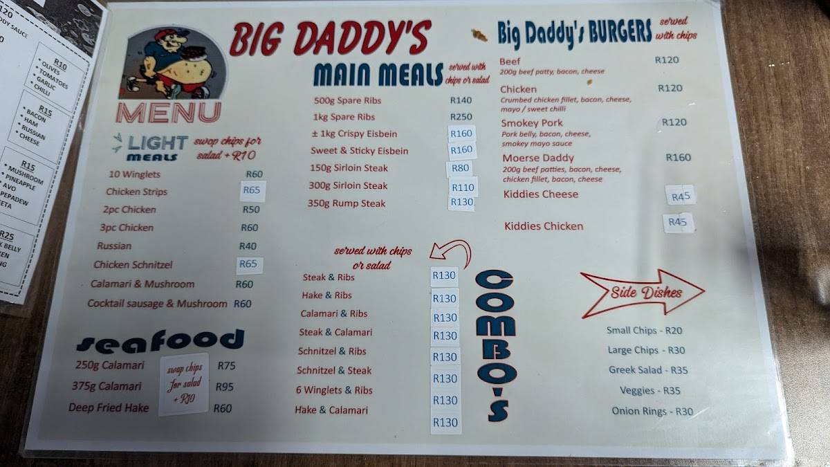 Menu at Big Daddy's Restaurant Mosselbay, Mossel Bay