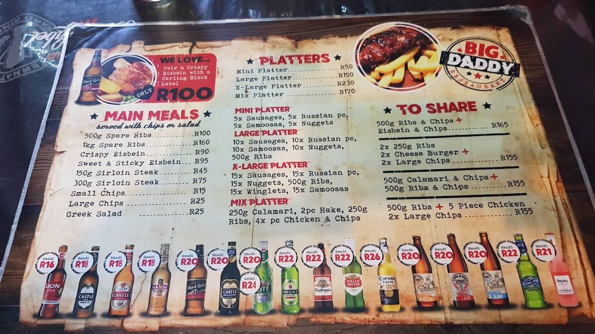 Menu at Big Daddy's Restaurant Mosselbay, Mossel Bay