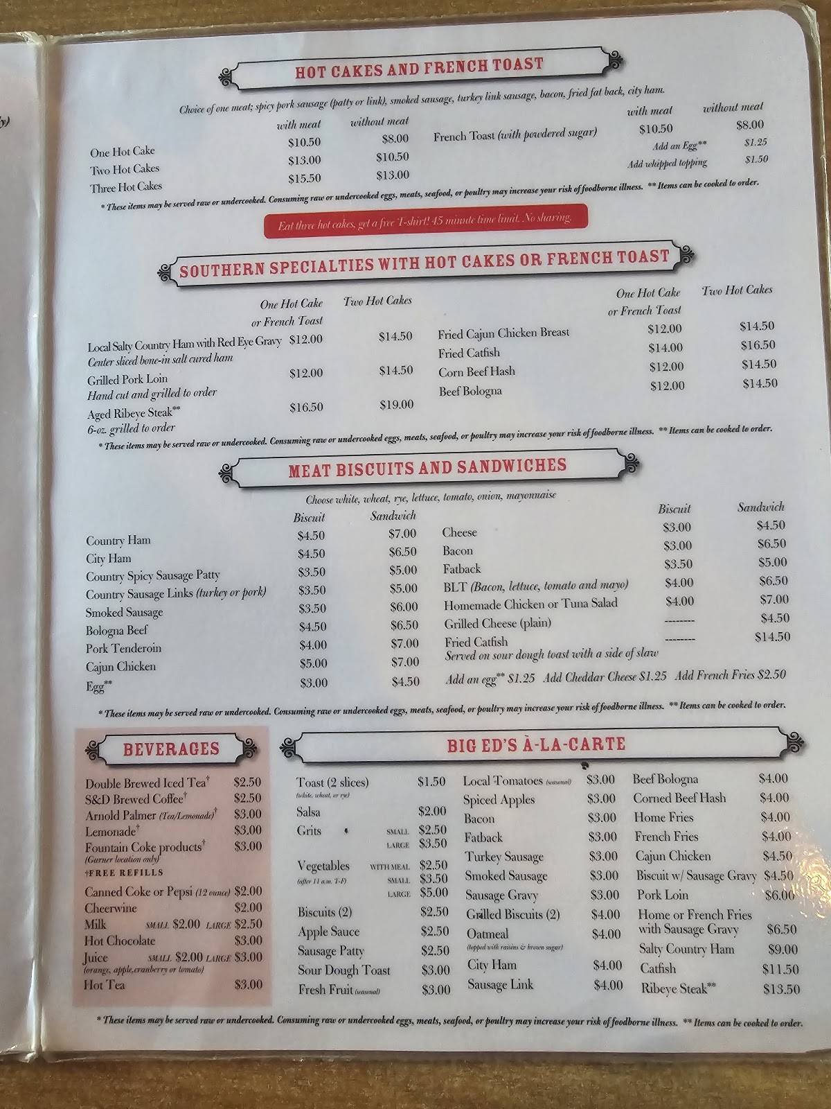 Menu at Big Ed's Garner Restaurant, Garner